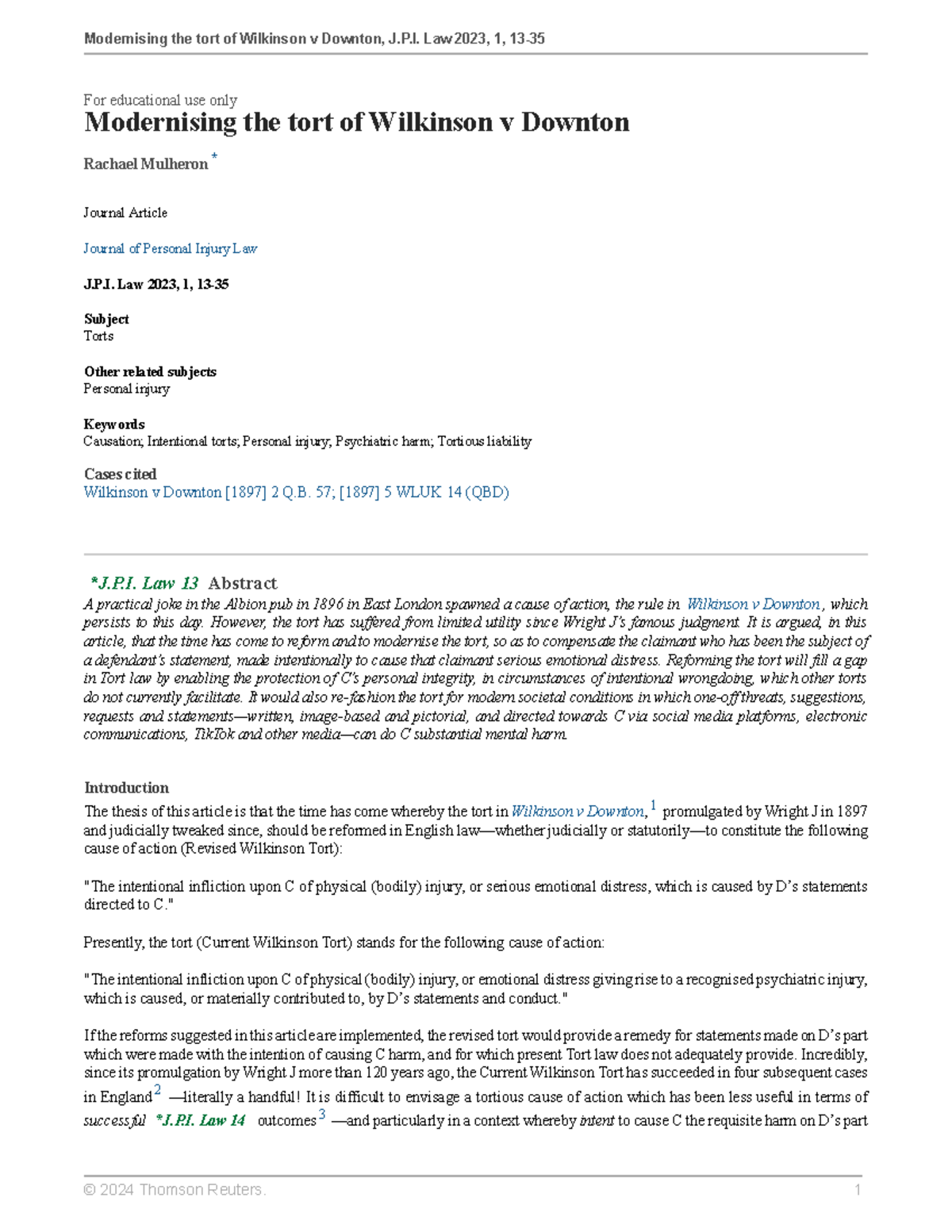 Modernising the tort of Wilkinson v Downton - For educational use only ...