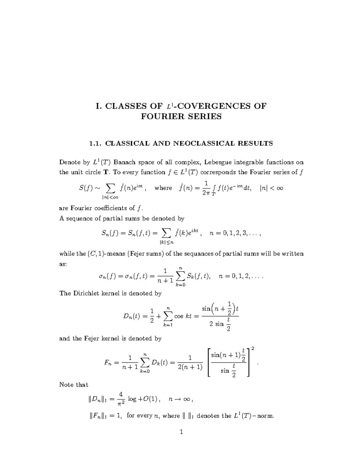 Convergence of fourier series - I. CLASSES OF L 1 -COVERGENCES OF ...