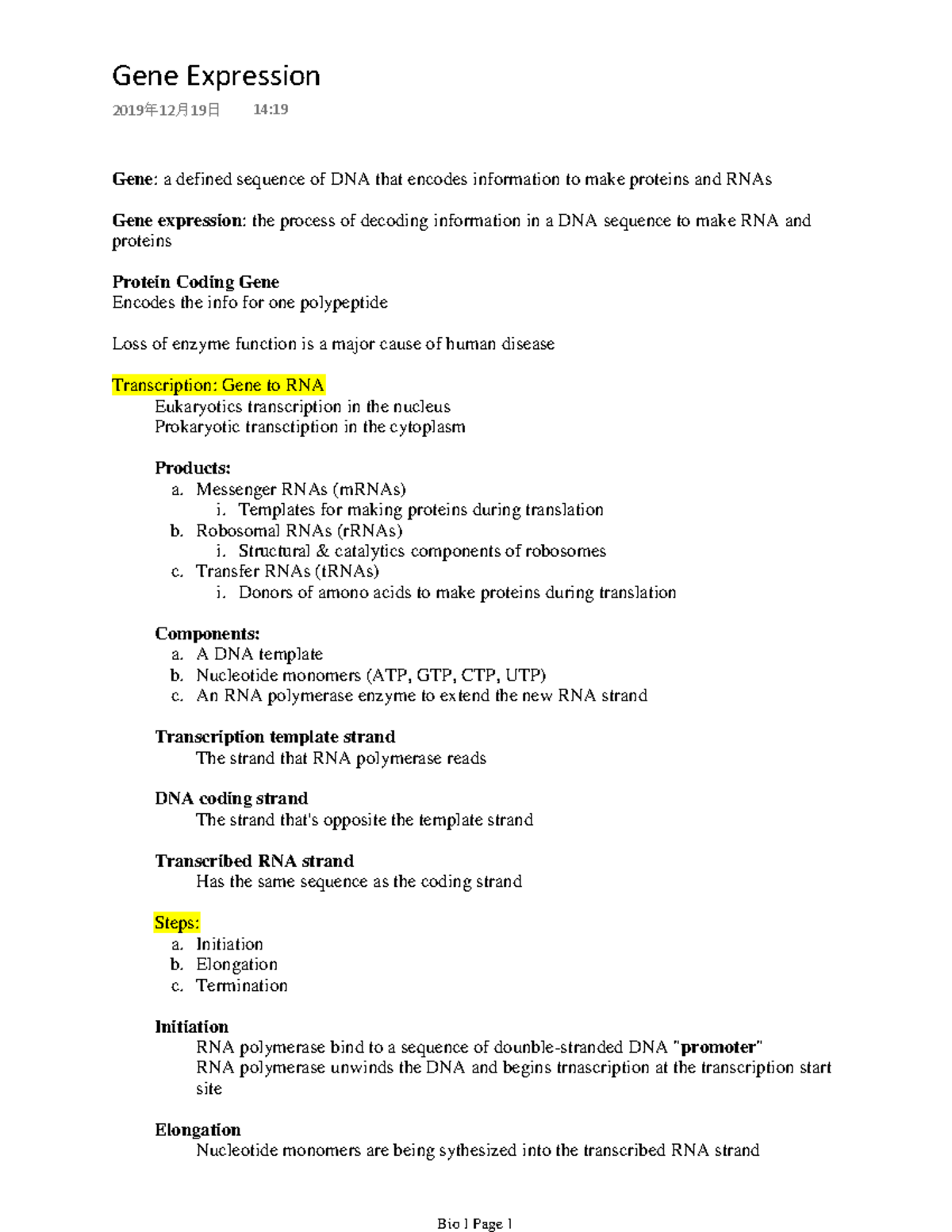 Gene Expression lecture - Gene : a defined sequence of DNA that encodes ...