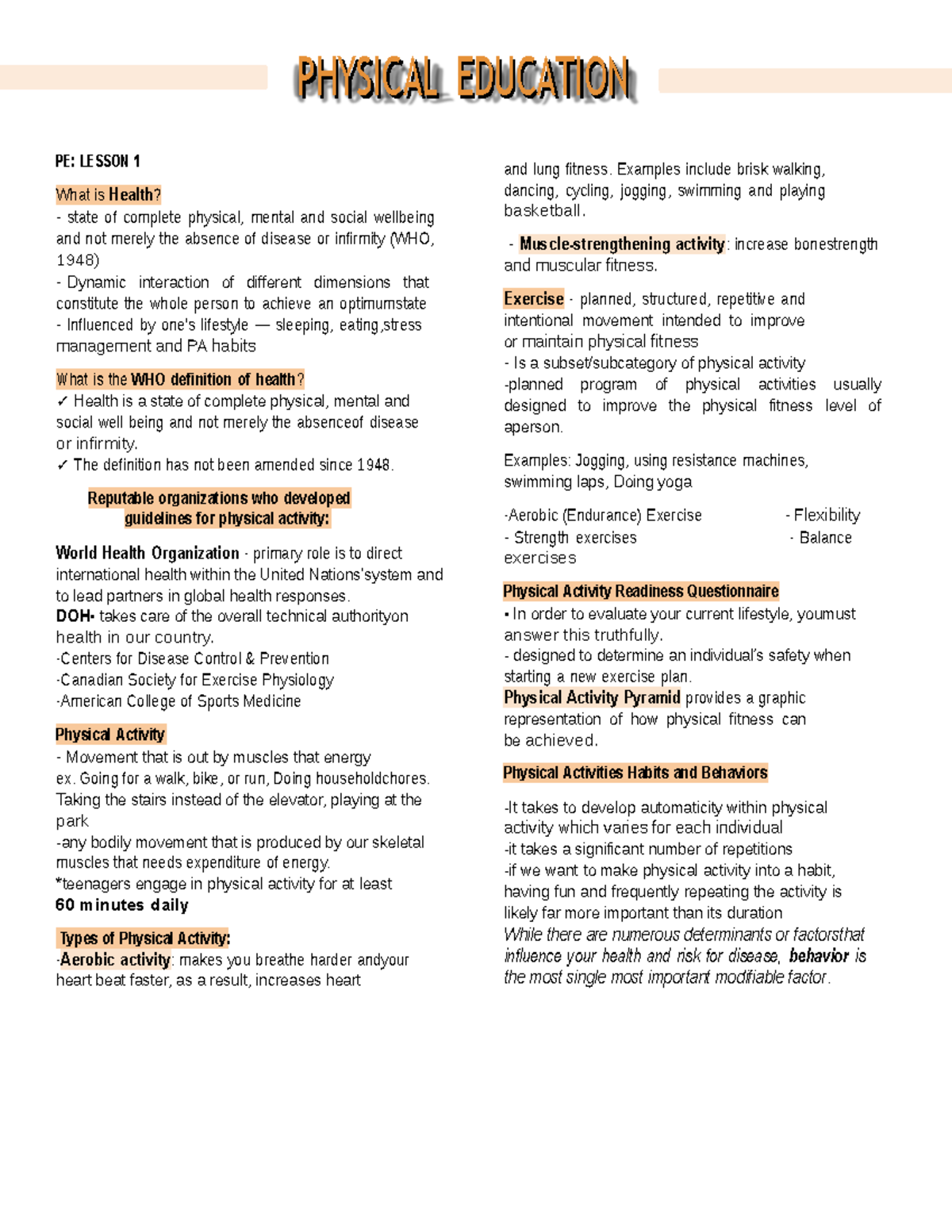 2ND TERM Physical Education P - PHYSICAL PHYSICAL EDUCATIONEDUCATION PE ...