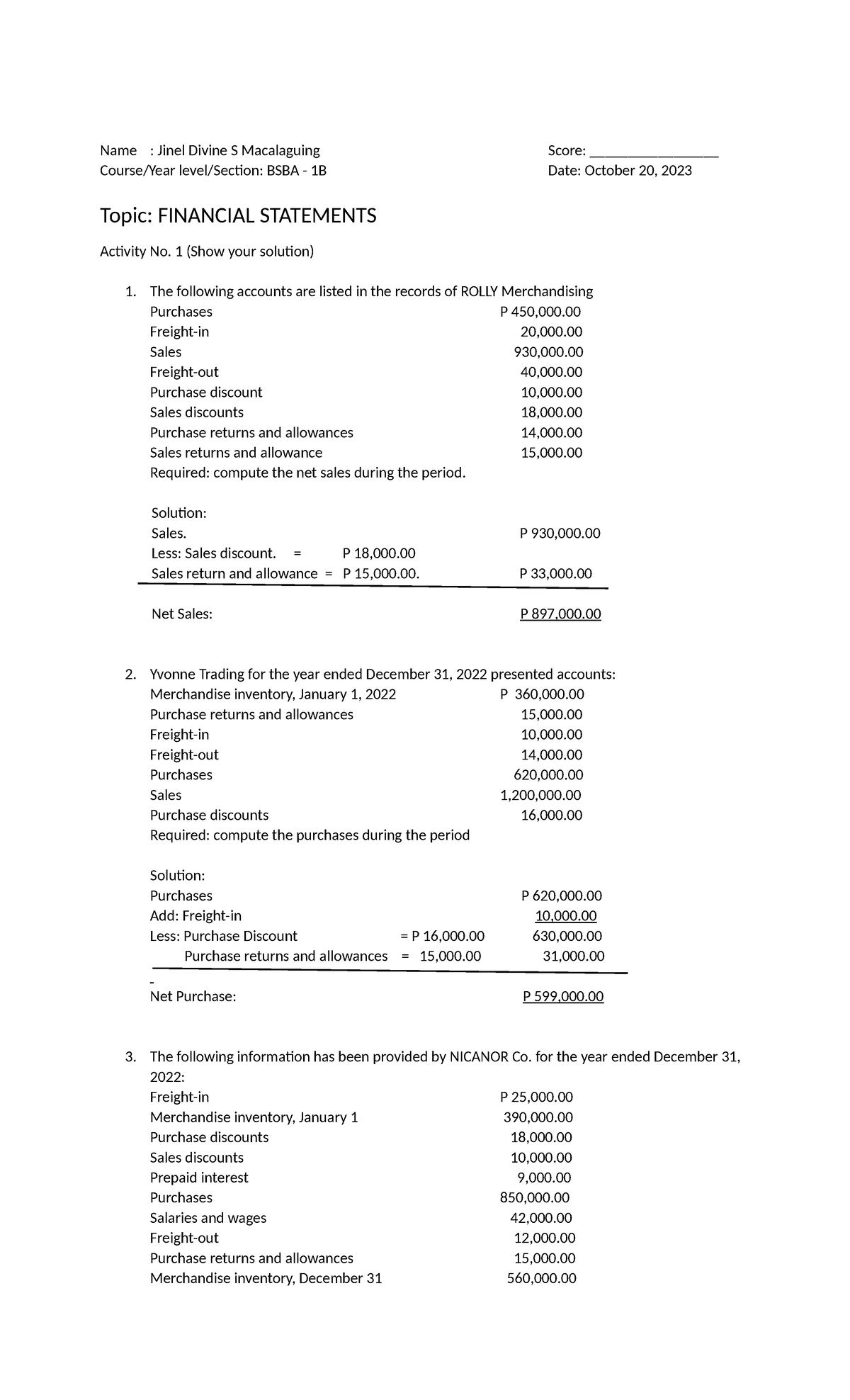 Activity Sheet - Financial Statements - Name : Jinel Divine S ...