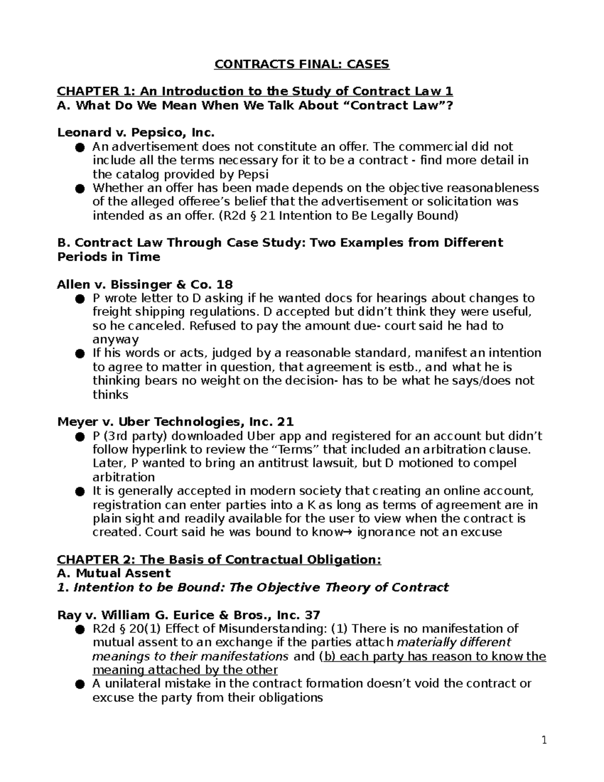 Final Contract Outline JUST Cases - CONTRACTS FINAL: CASES CHAPTER 1 ...