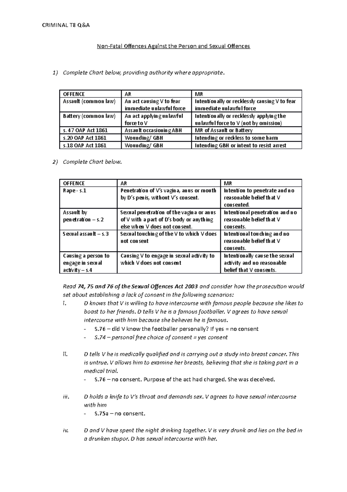 T8 Non Fatal Offences and Sexual Offences - CRIMINAL T8 Q&amp;A Non ...