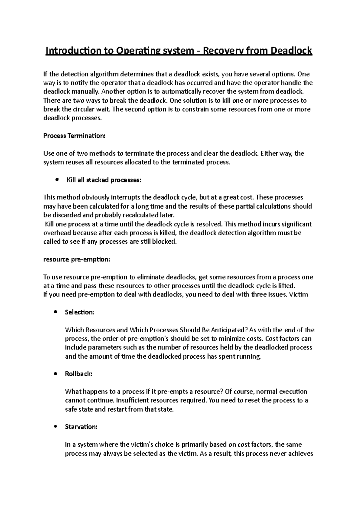 Introduction to Operating system - Recovery from Deadlock - One way is ...