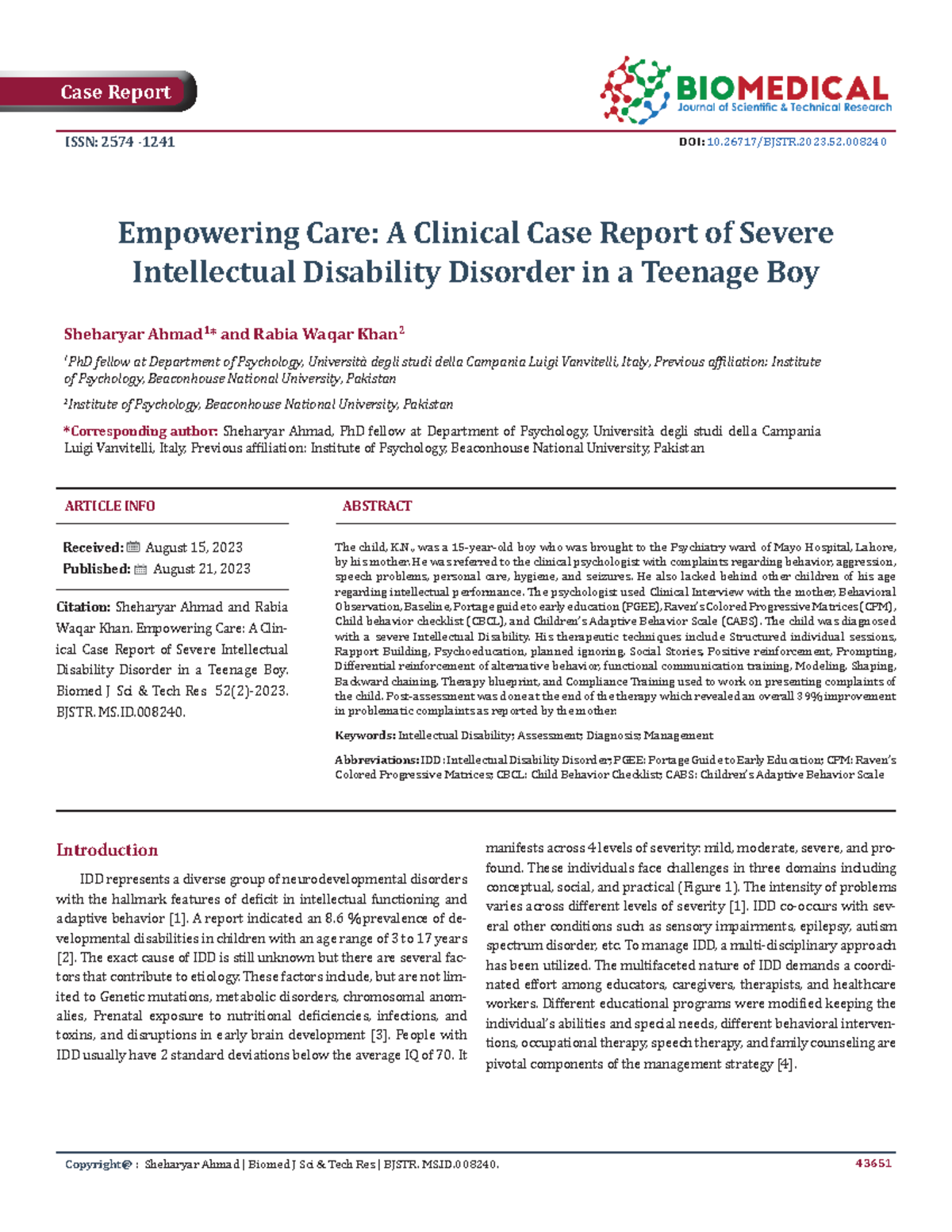 Intellectual disability - Case Report ISSN: 2574 -1241 DOI: 10.26717/BJSTR.2023.52 240 ...