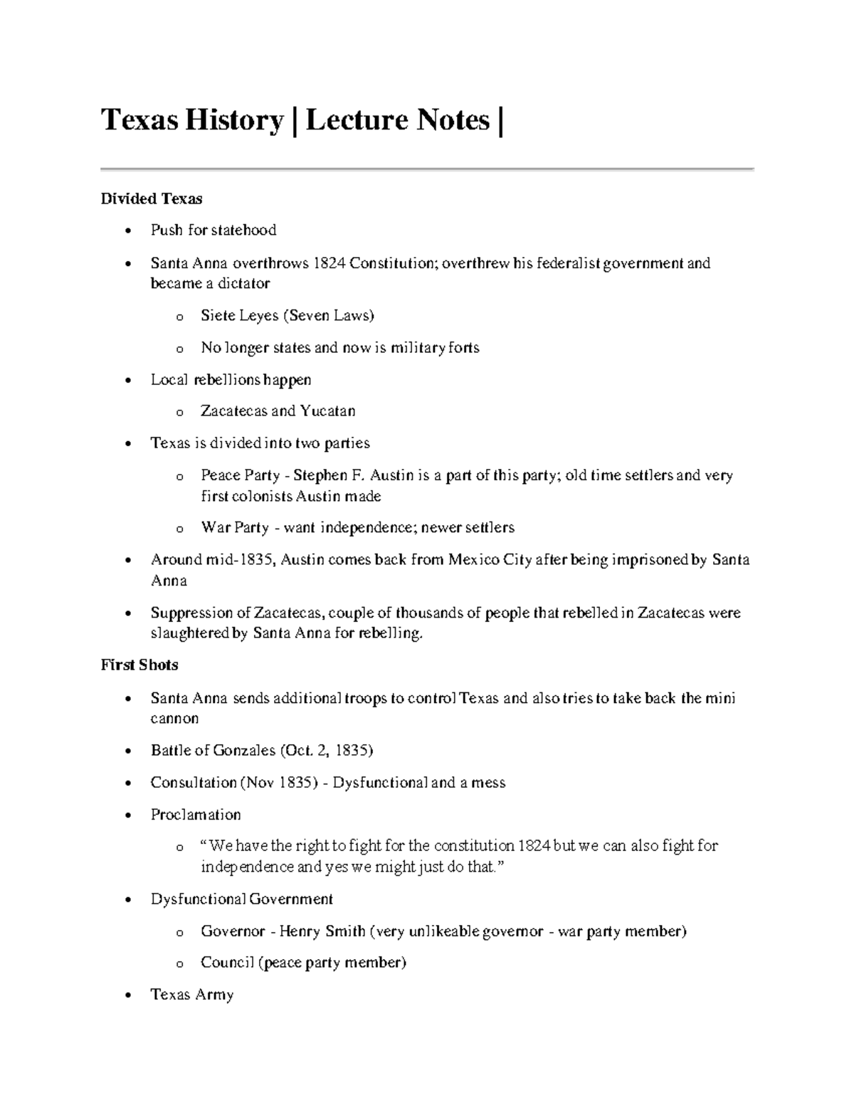 HIST-2301 Notes 5 - Texas History | Lecture Notes | Divided Texas ...