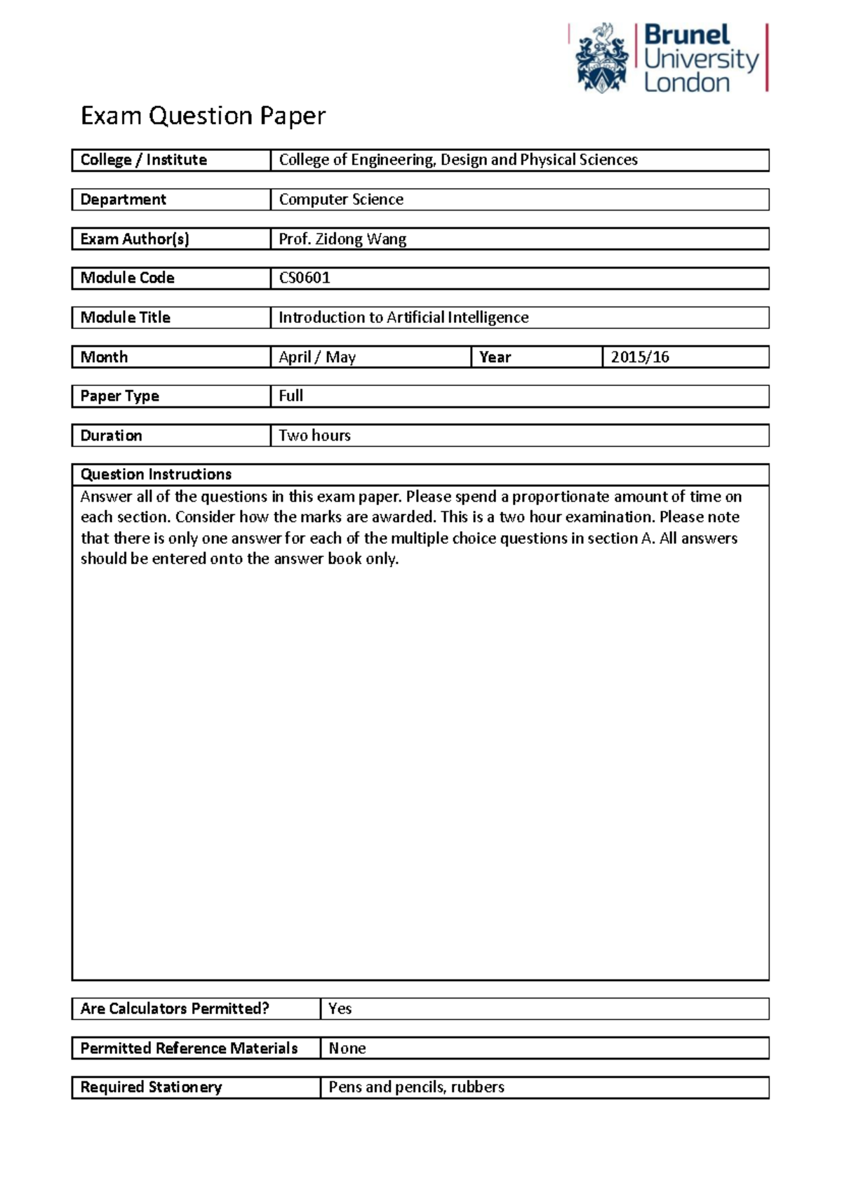 2016 Past Paper - Exam Question Paper College / Institute College of ...