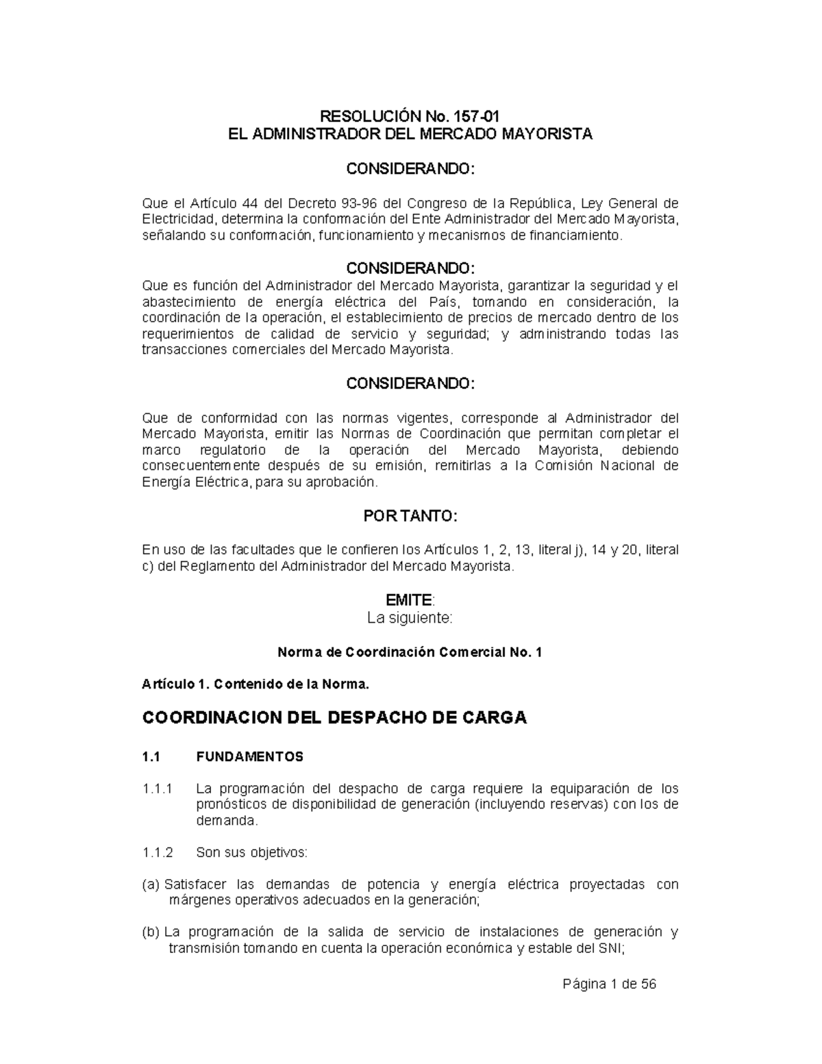 NCC1 - NCC-01 Coordinación del Despacho de Carga - RESOLUCIÓN No. 157 ...