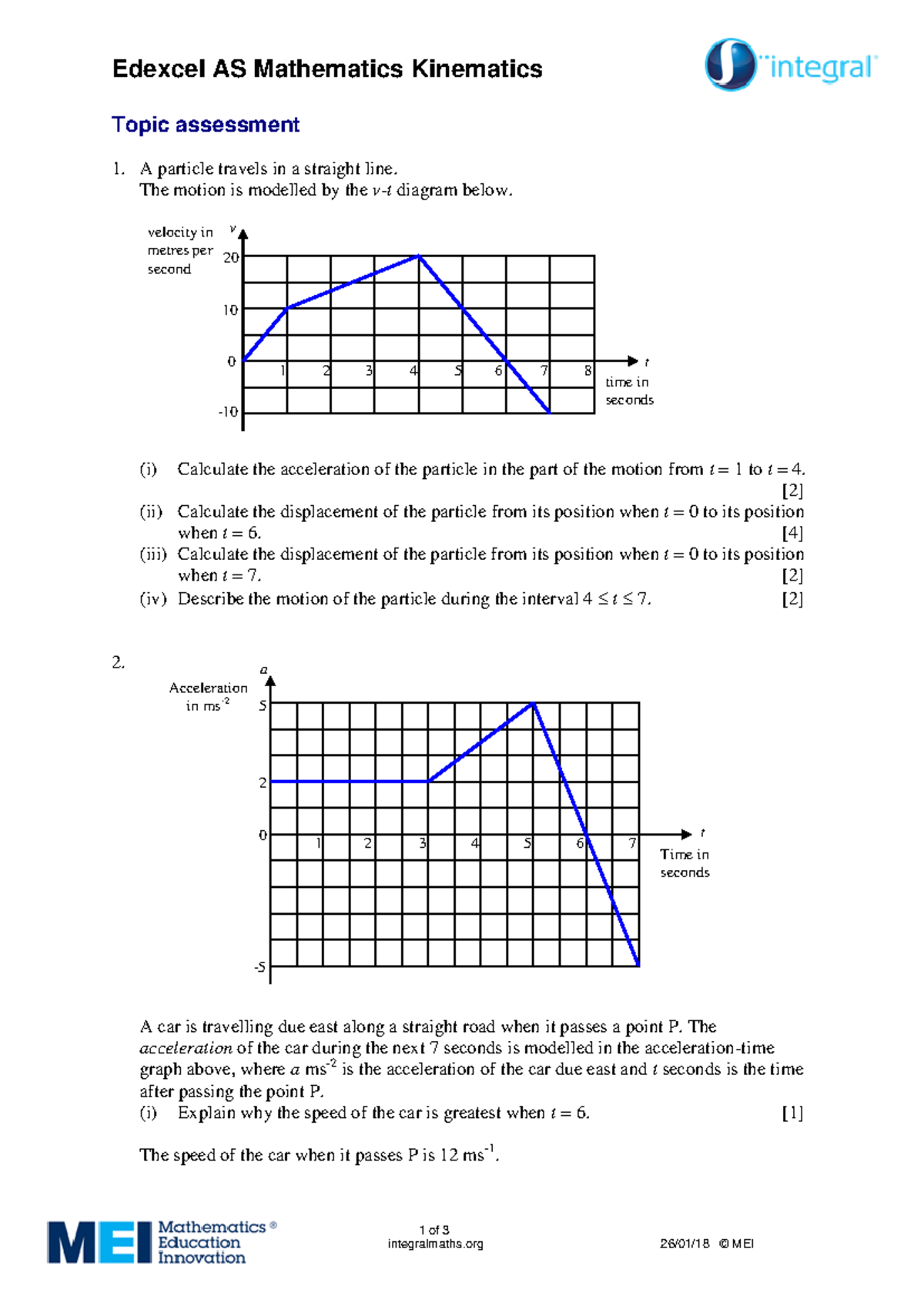 Topic test - for practice - Edexcel AS Mathematics Kinematics 1 of 3 ...