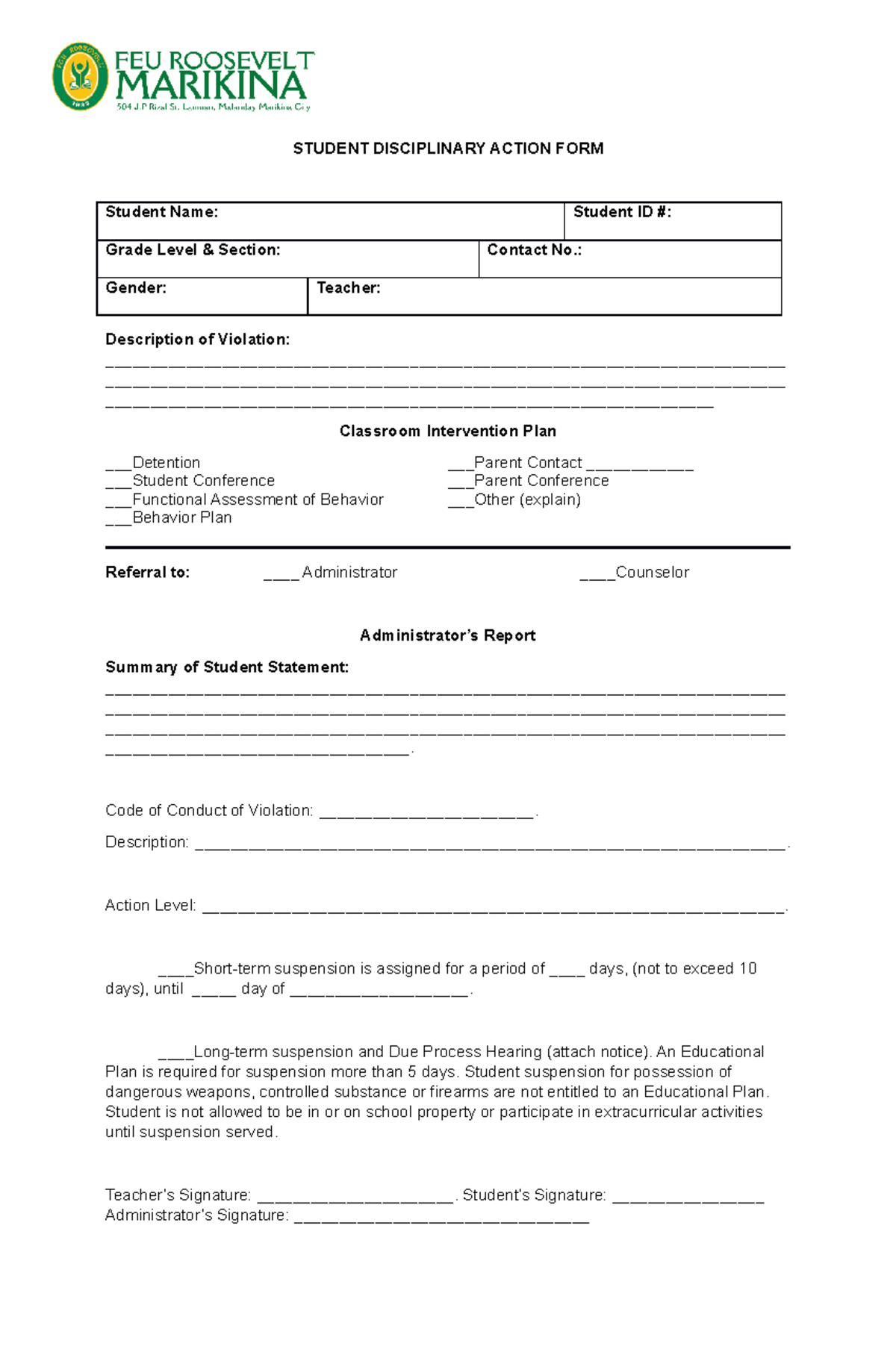 Feurm OSA- Student Disciplinary Action FORM - STUDENT DISCIPLINARY ...