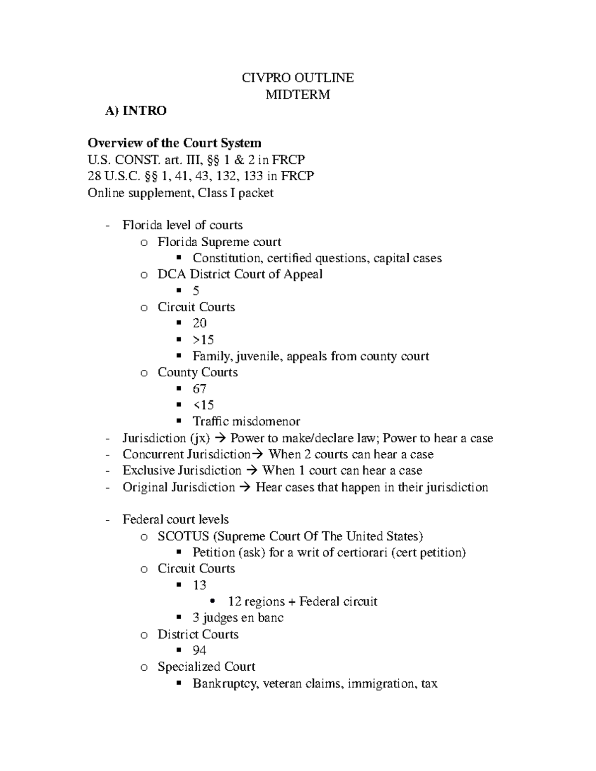 CIV PRO Outline- 2019 - CIVPRO OUTLINE MIDTERM A)INTRO Overview of the ...