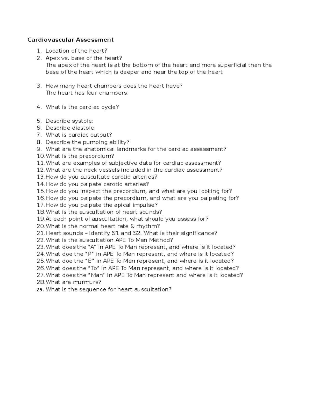 Cardiovascular Assessment Lecture Questions - Cardiovascular Assessment ...