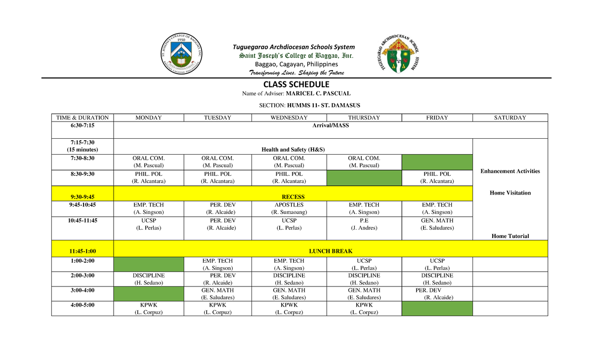 Humms 11- Sched - Noe - Tuguegarao Archdiocesan Schools System Saint ...