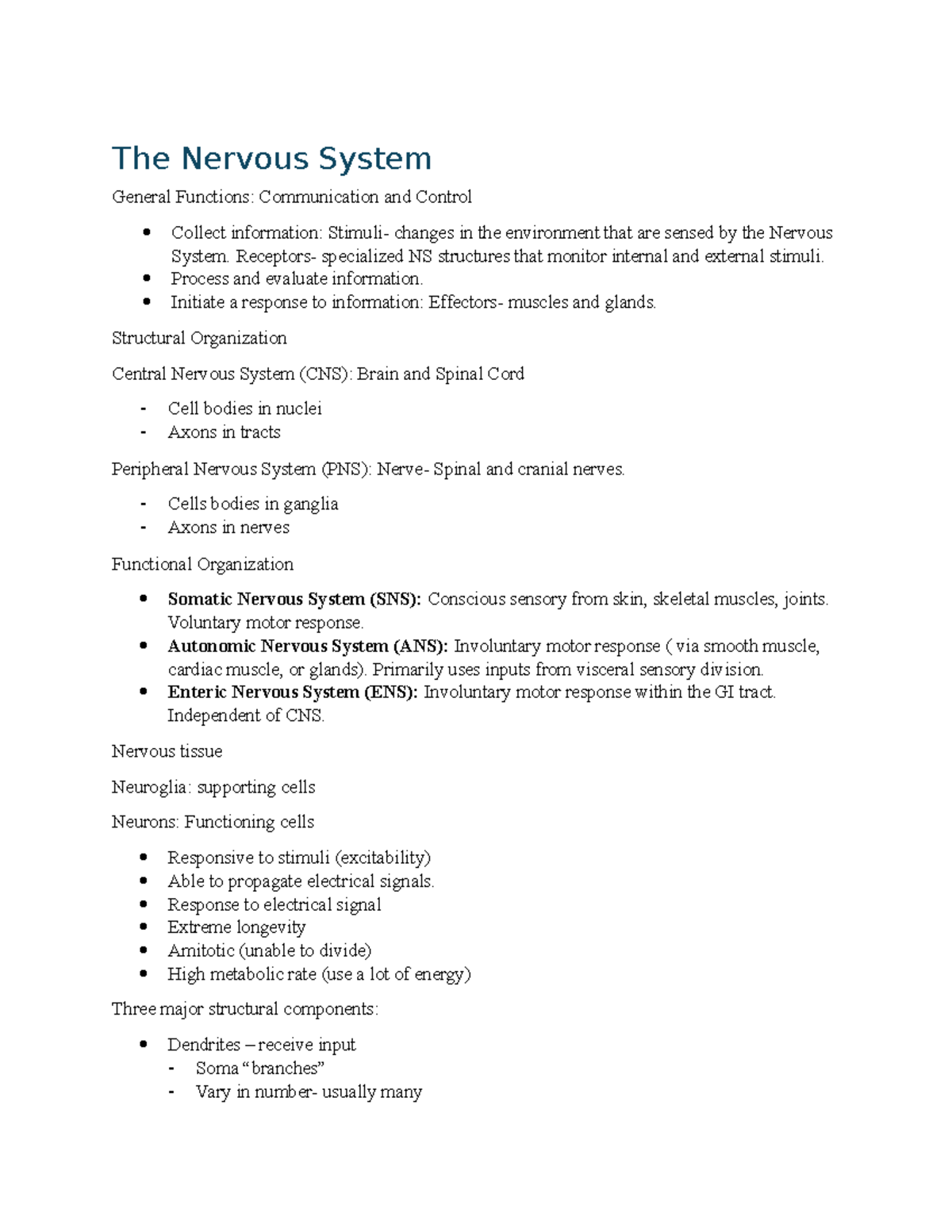 The Nervous System - The Nervous System General Functions ...