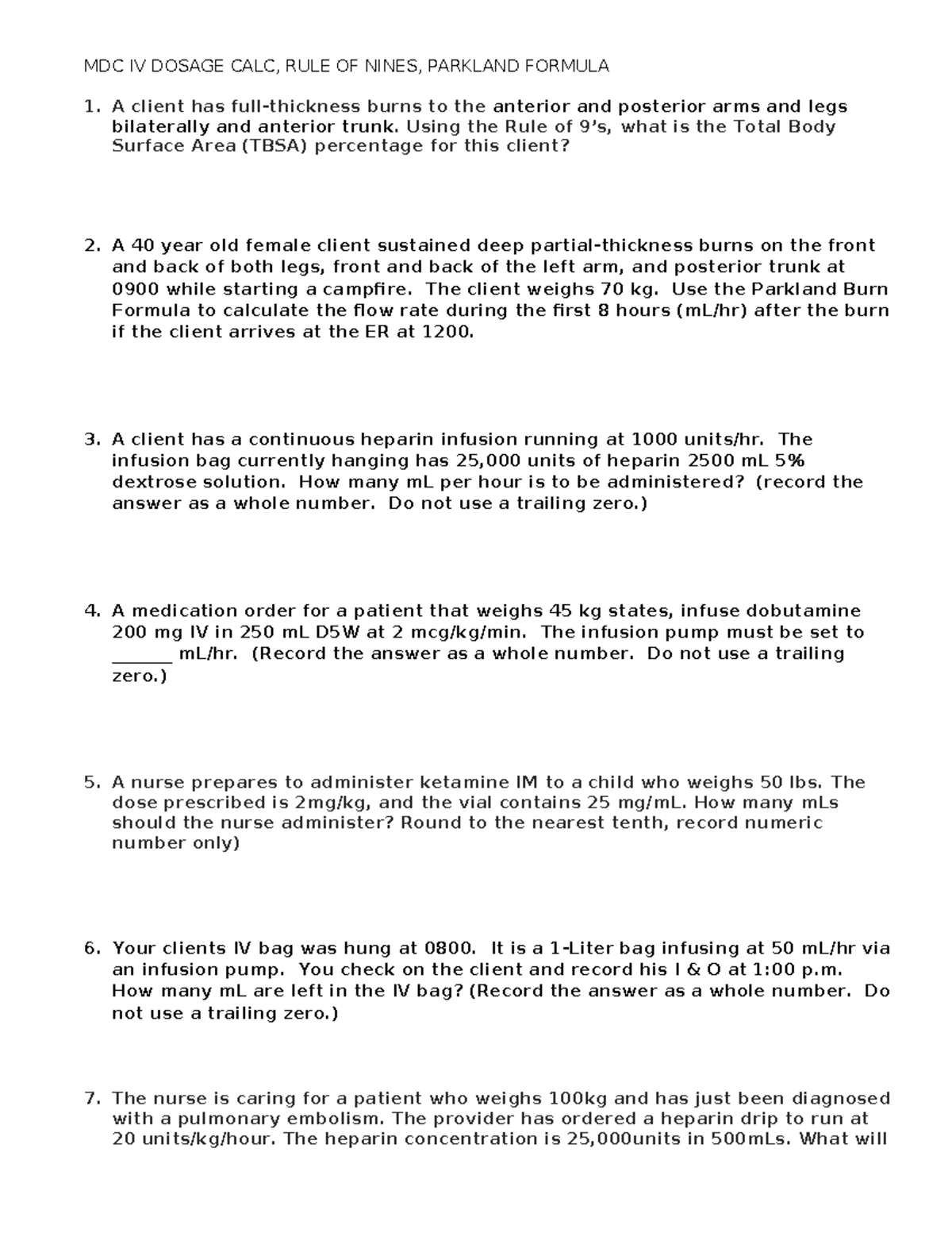 MDC IV Dosage CALC Practice Problems - MDC IV DOSAGE CALC, RULE OF ...