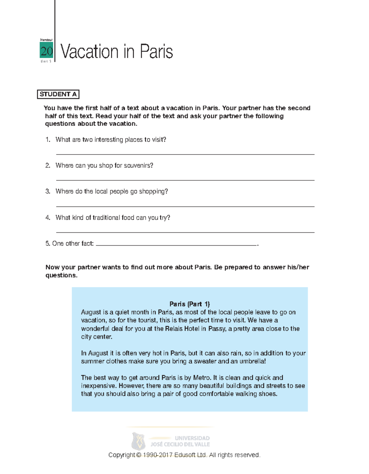 05 Basic III Handout 20 Unit 5 Traveling Abroad Vacation in Paris ...