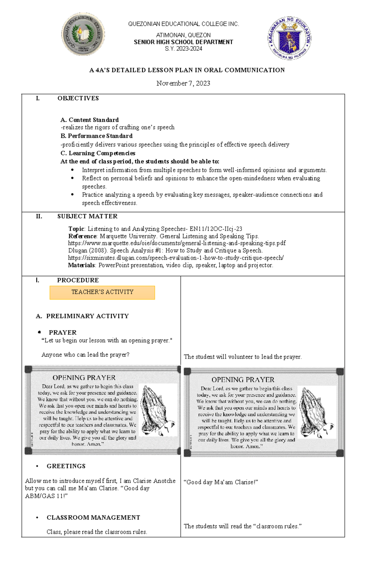 Anotche Listening TO AND Analyzing Speeches LP - ATIMONAN, QUEZON ...