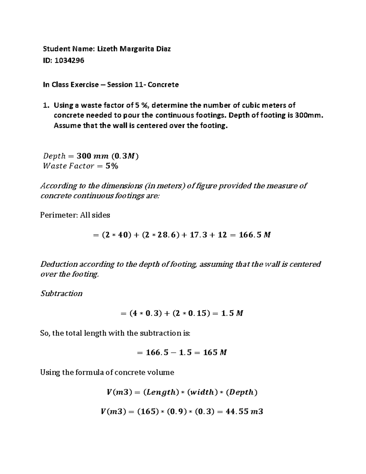 Concrete Takeoff Assignment - Student Name: Lizeth Margarita Diaz ID ...