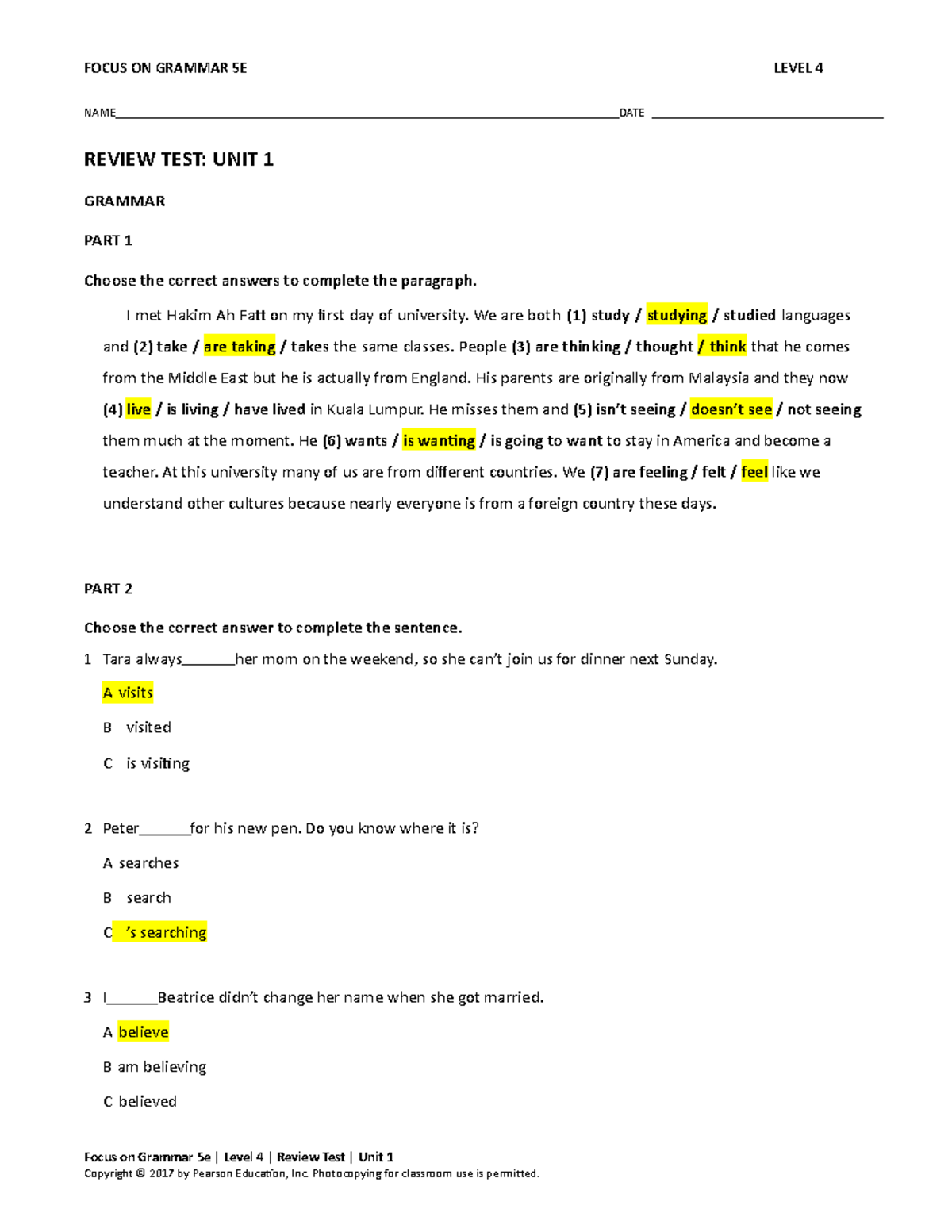 FOG4 Unit 1 Review Test - Profesor Alex - FOCUS ON GRAMMAR 5E LEVEL 4 ...