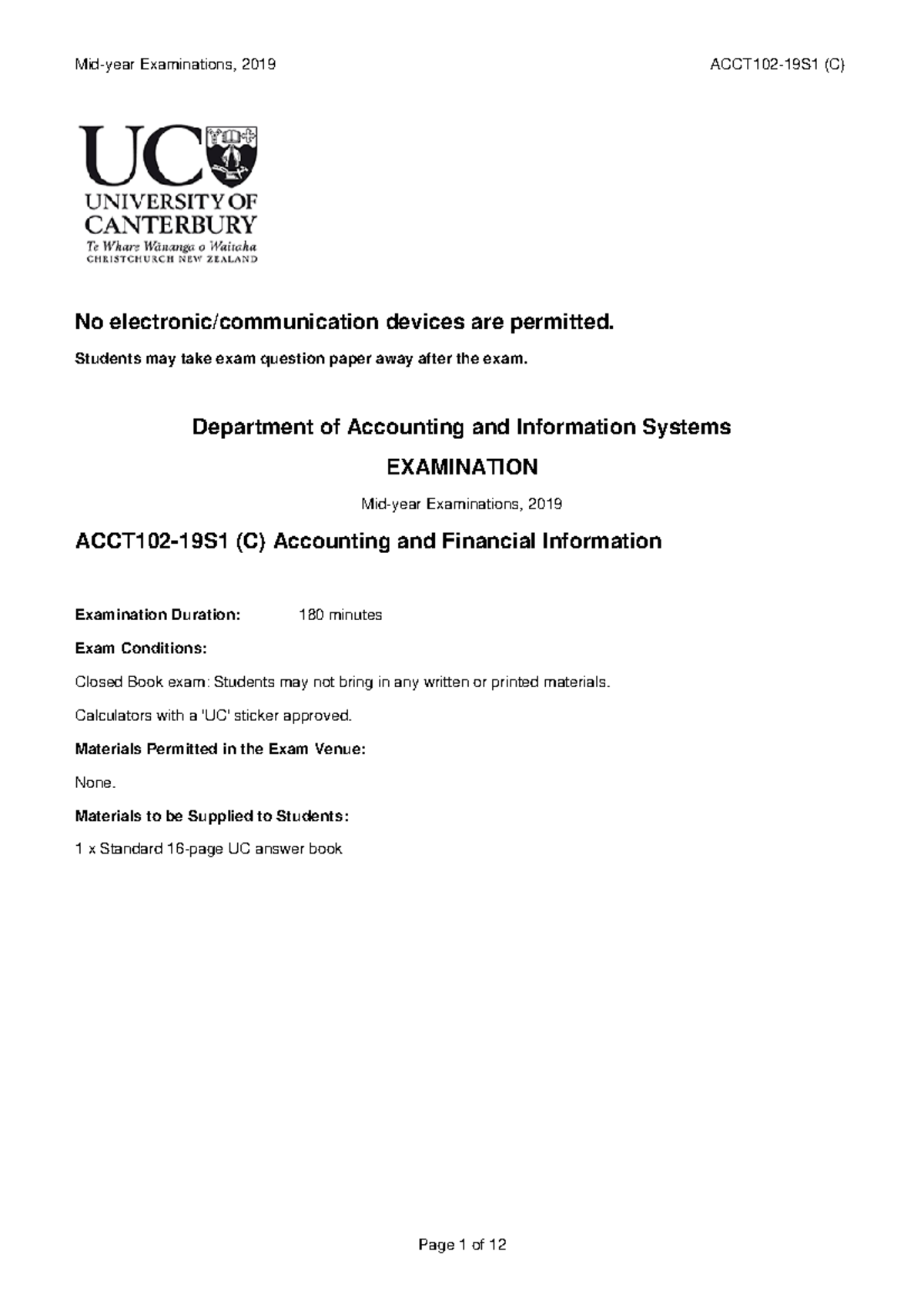 Acct102 exam master 2019 0521 - No electronic/communication devices are ...