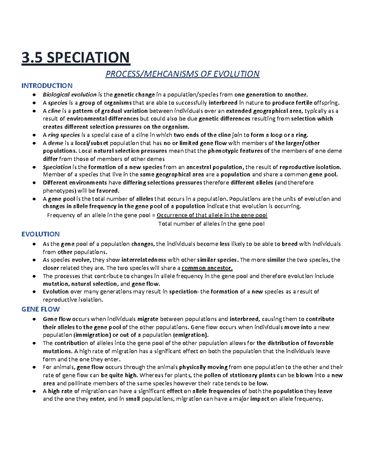 3.5 Speciation notes - 3 SPECIATION PROCESS/MEHCANISMS OF EVOLUTION ...
