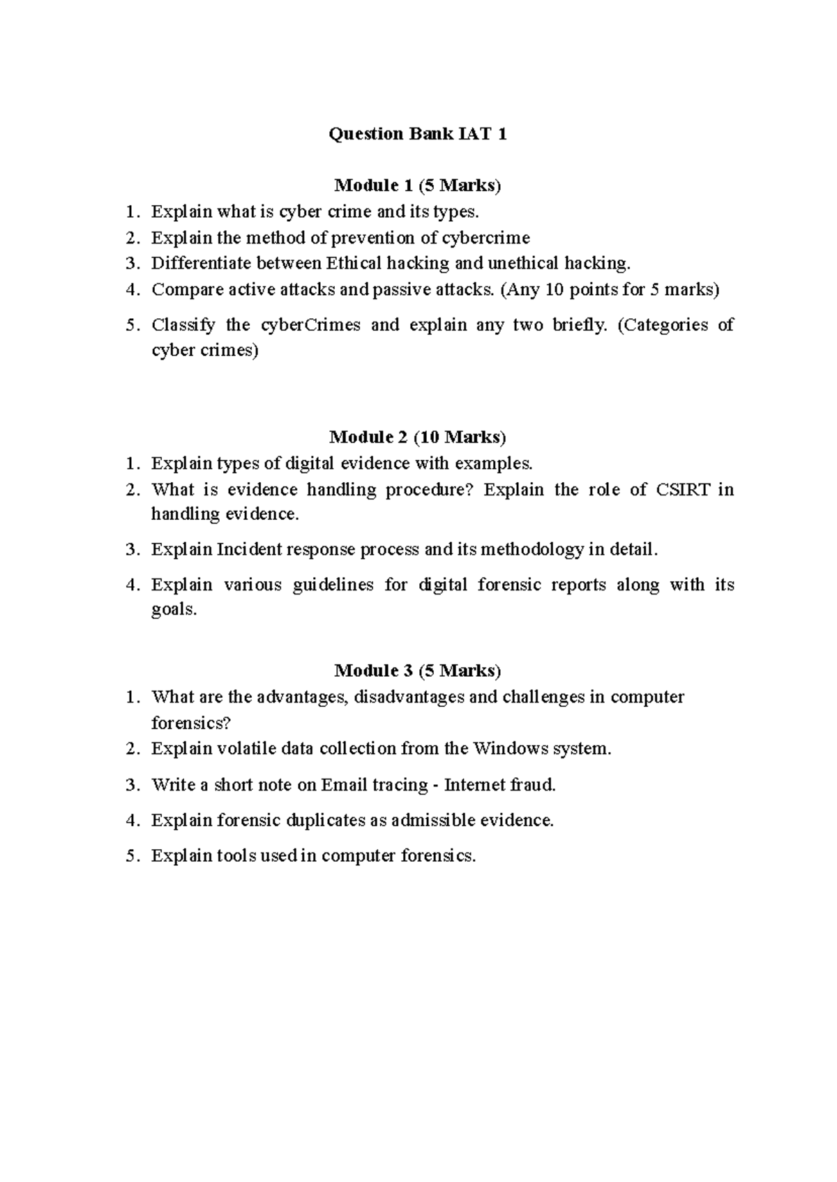 Question Bank IAT 1-2 - Hdhdj - Question Bank IAT 1 Module 1 (5 Marks) Explain what is cyber ...