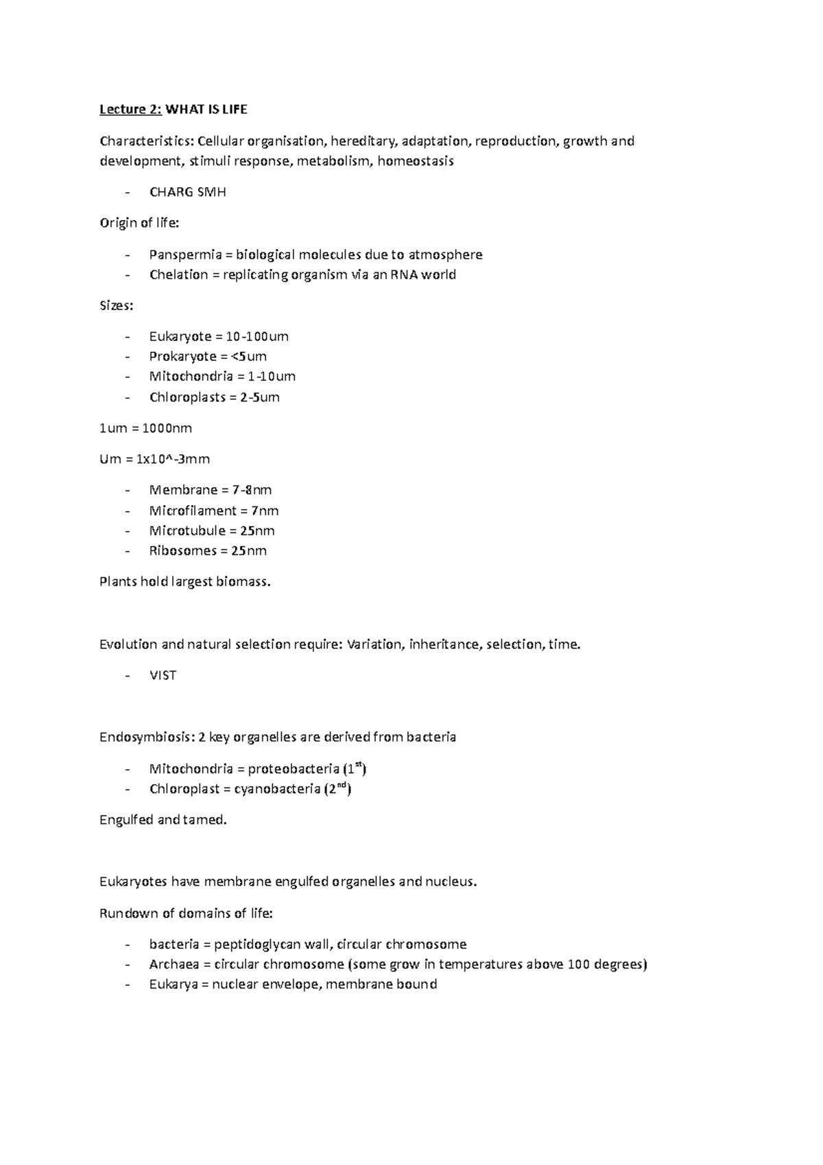 CELS191 Summarised Notes - Lecture 2: WHAT IS LIFE Characteristics ...