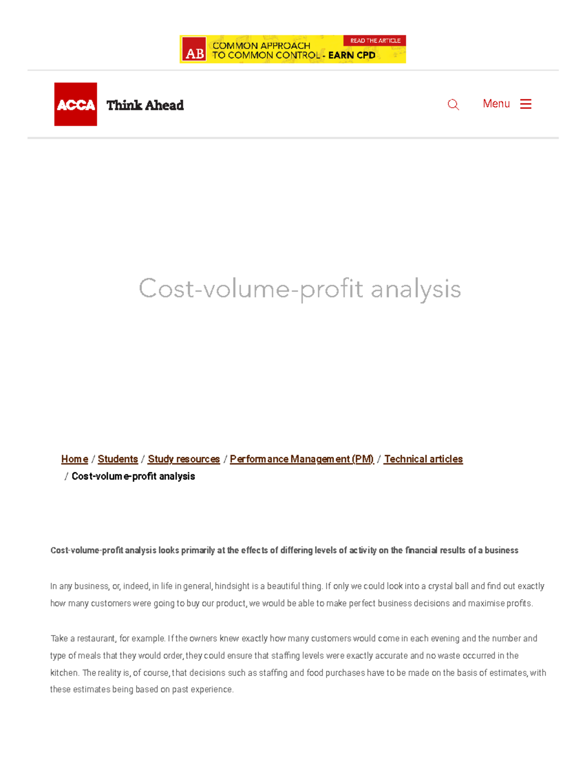 Cost-volume-profit analysis F5 Performance Management ACCA ...