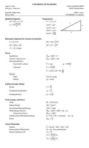 Formula Sheet - UNIVERSITY OF MANITOBA May 2, 2014 FINAL EXAMINATION (1 ...