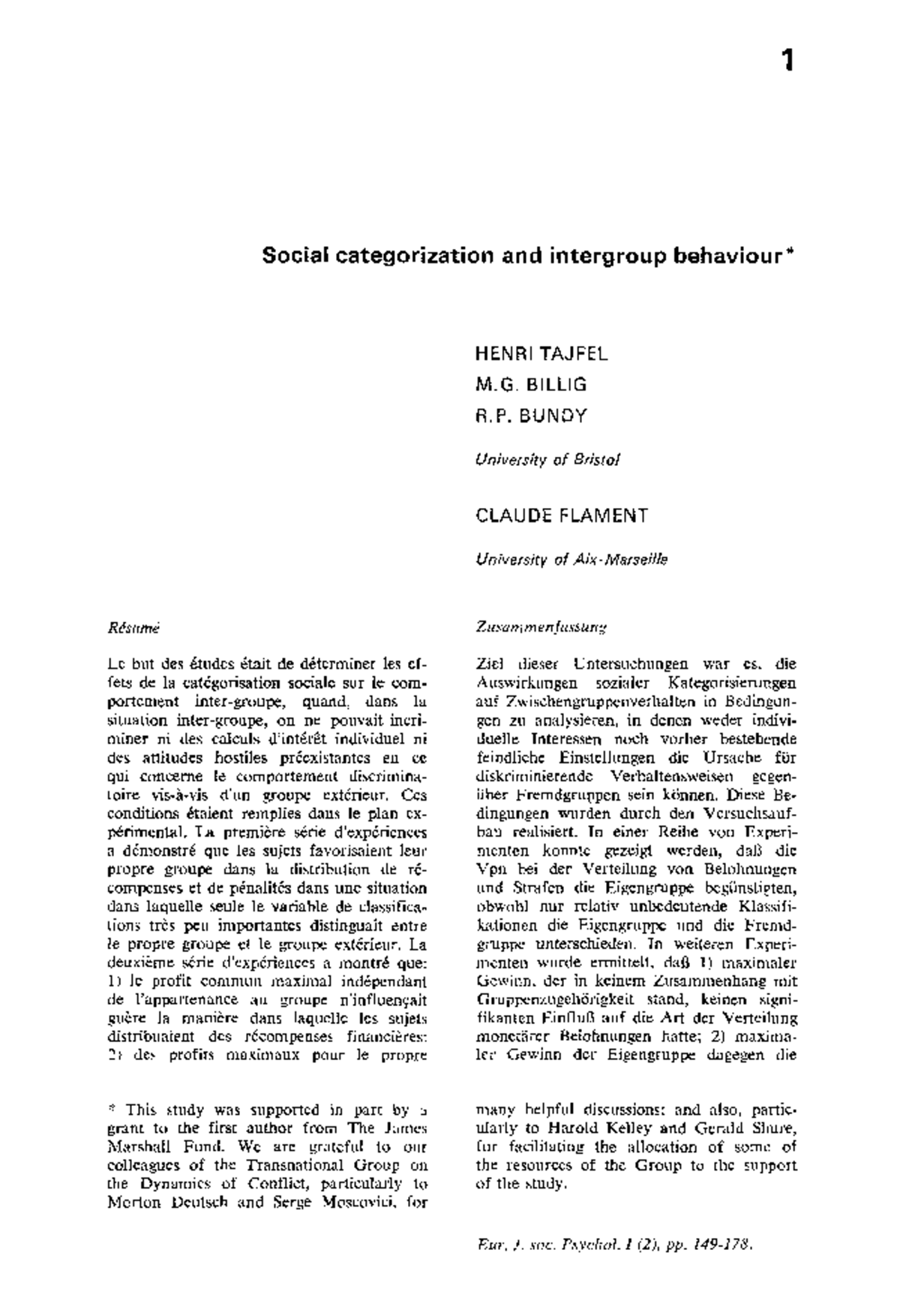 Tajfel et al 1971 Social categorization and intergroup behaviour - 1 ...
