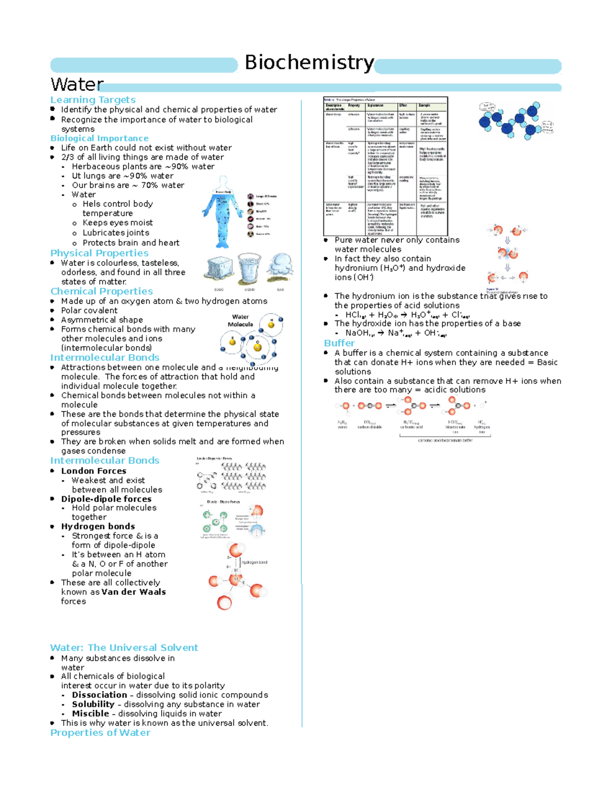 Lesson 3 - Water - Biochemistry Water Learning Targets Identify the ...