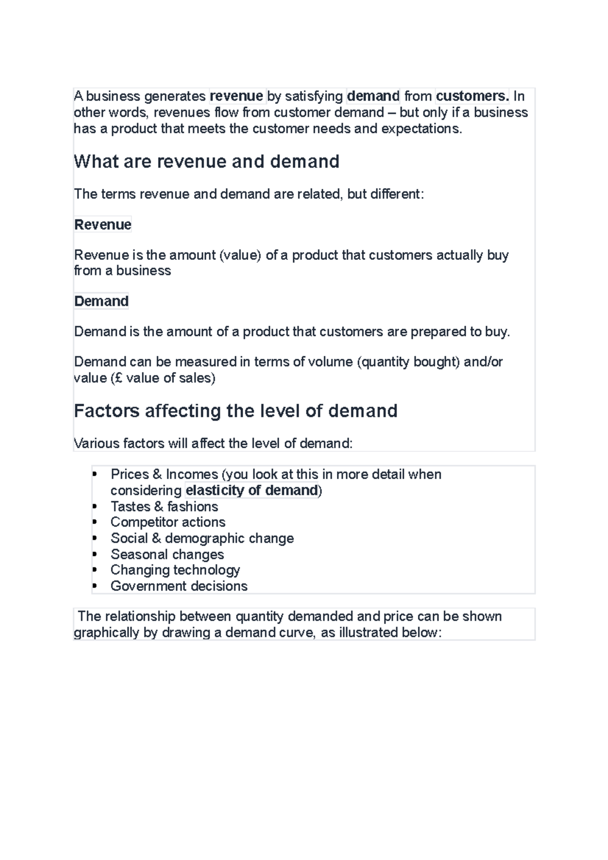 Revenue and demand - notes - A business generates revenue by satisfying ...