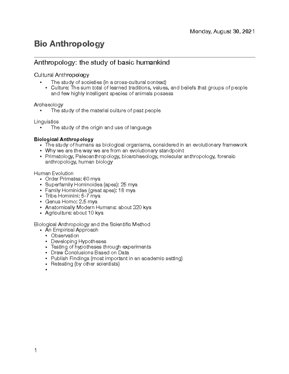 Anthropology Lecture Notes 8/30 - Monday, August 30, 2021 Bio ...