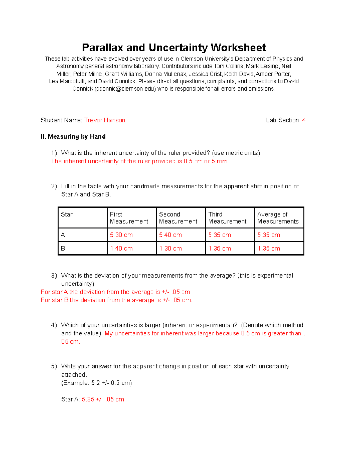 Parallax and Uncertainty Worksheet - Contributors include Tom Collins ...