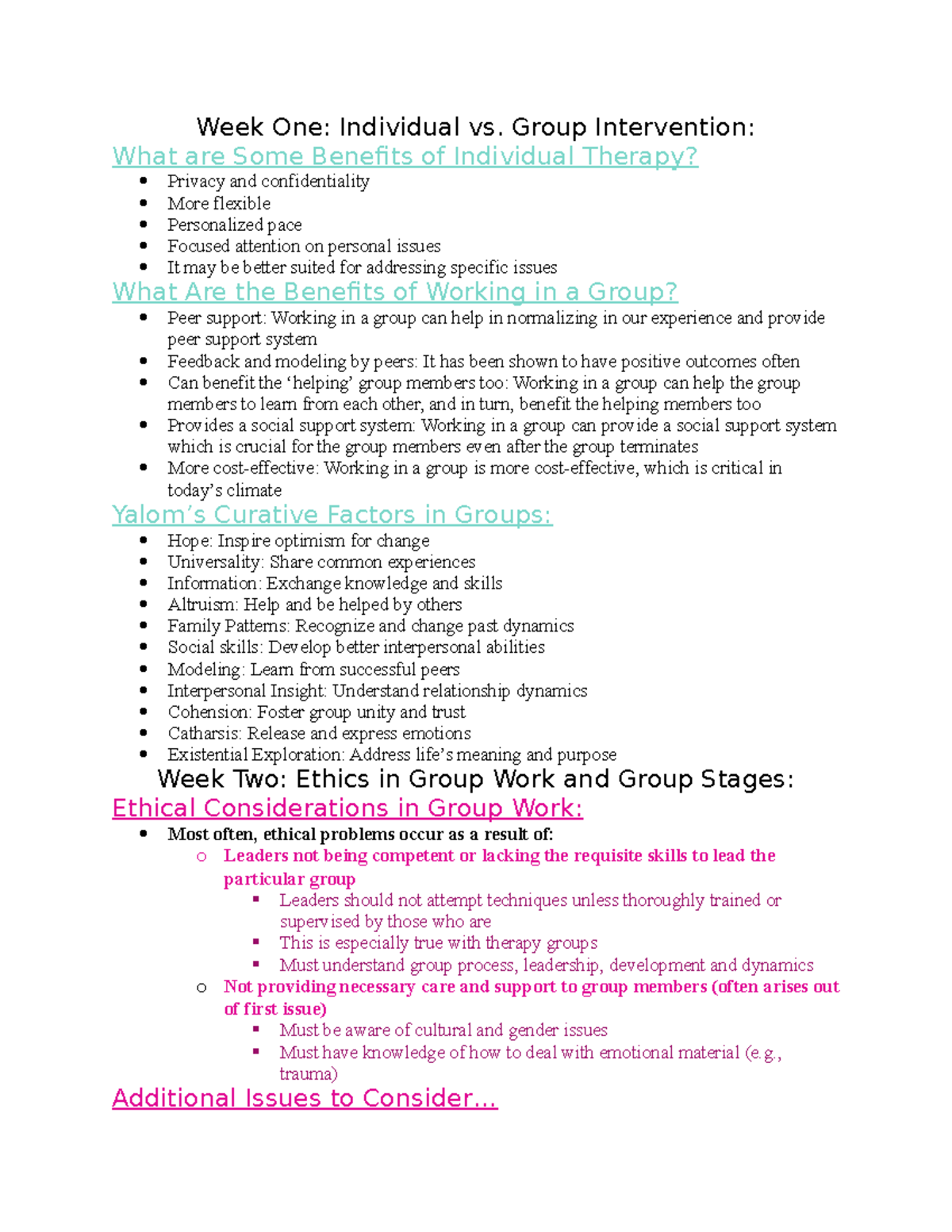 Group Counselling: Individual vs Group Intervention Notes - Week One ...