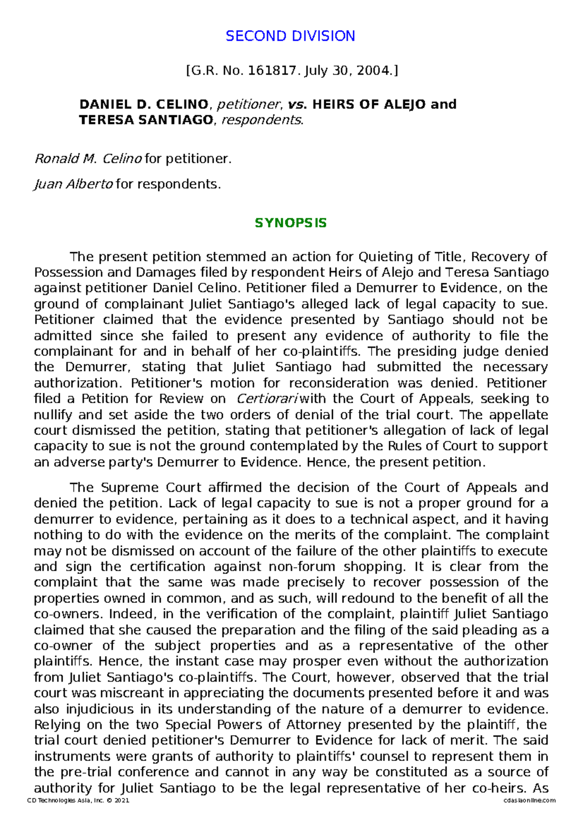 121052-2004-Celino v - asdasdasd - Torts and Damages - San Jose - Studocu