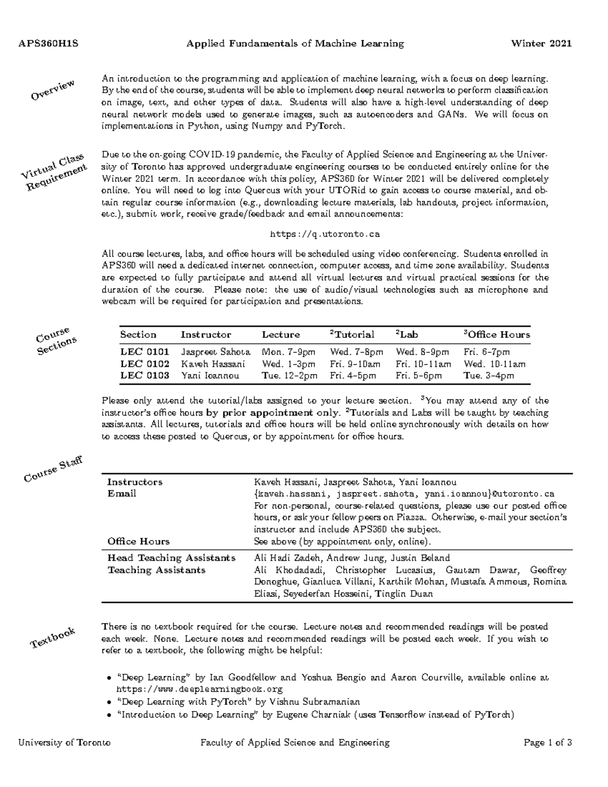 Course Info Sheet - Syllabus - APS360H1S Applied Fundamentals of ...