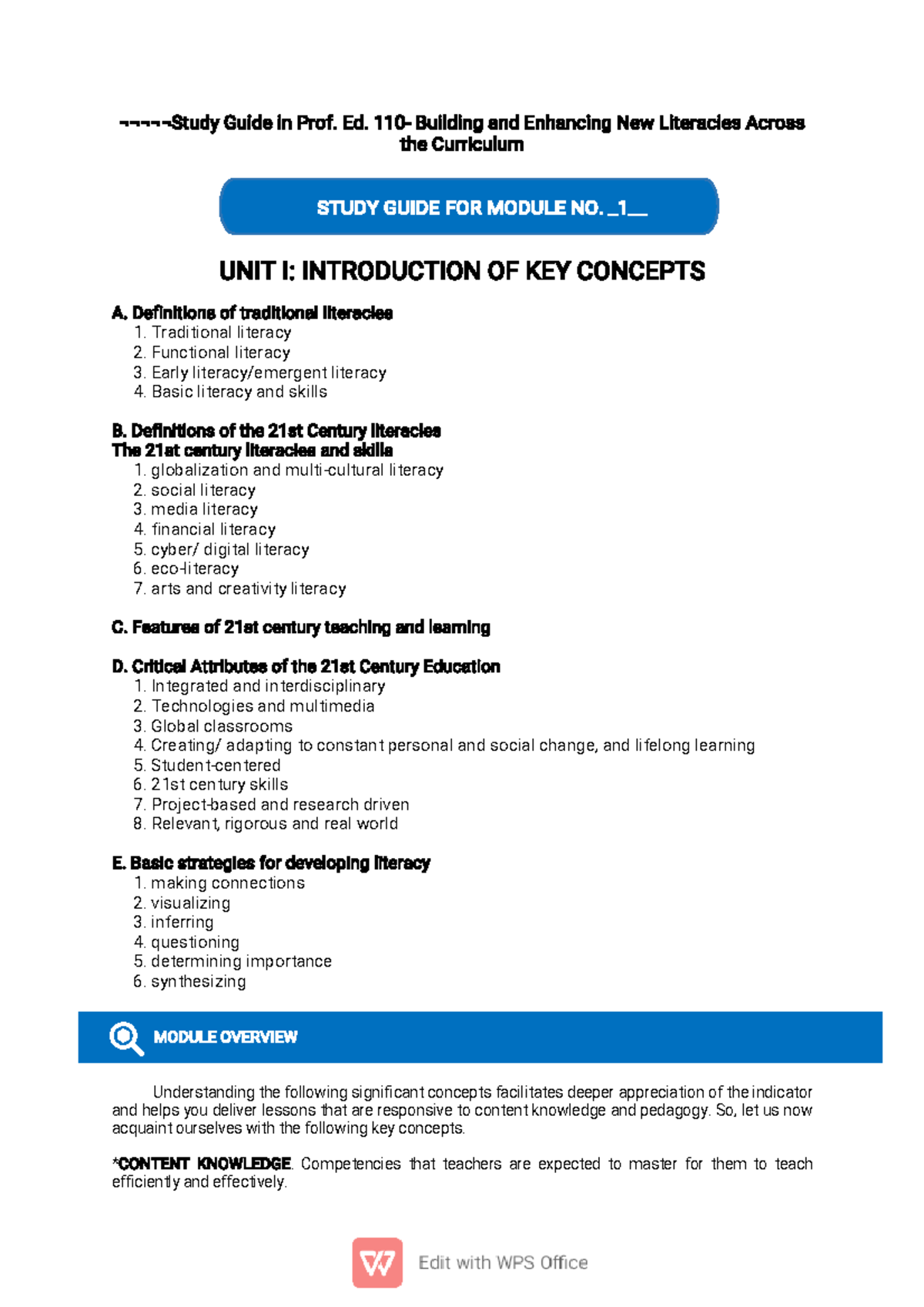 Prof Ed 110 Study Guide 1 1 - STUDY GUIDE FOR MODULE NO. 1_ ¬¬¬¬¬Study Guide in Prof. Ed. 110 ...