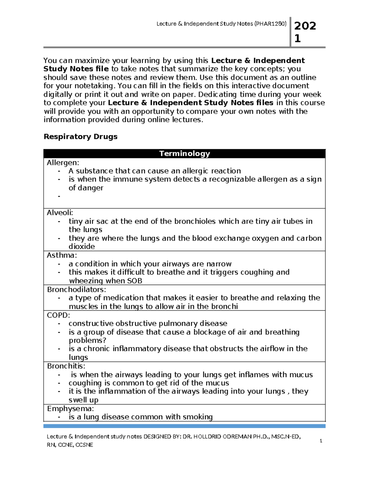 Lecture & Study Notes Respiratory Drugs - 202 1 You can maximize your ...