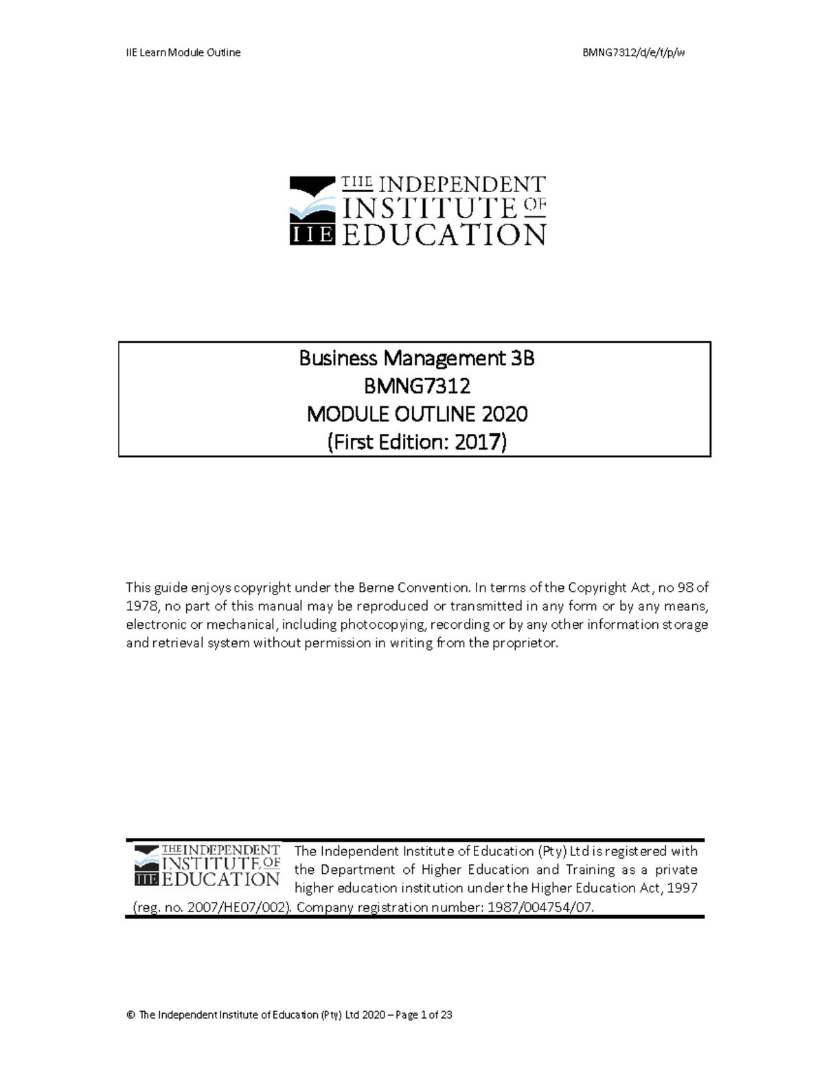 Learn Module Outline - Business Management 3B BMNG MODULE OUTLINE 2020 ...