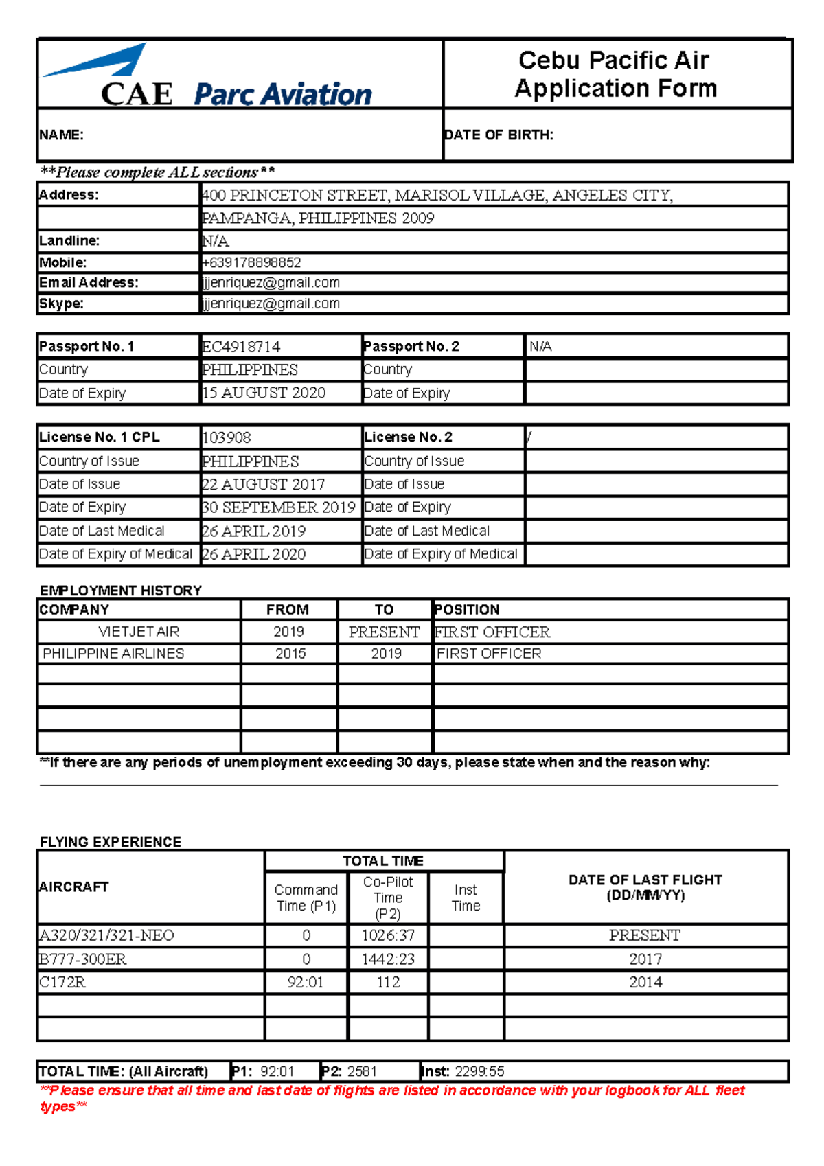Application FORM - CAE Parc copy - Cebu Pacific Air Application Form ...