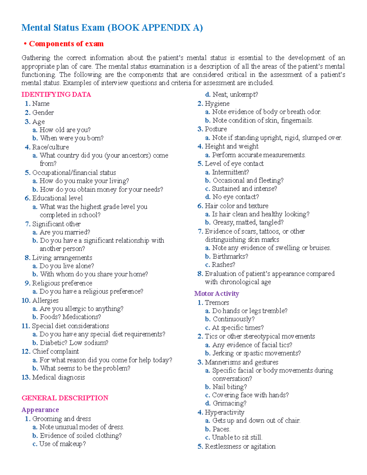 Mental Status Exam components - Mental Status Exam (BOOK APPENDIX A ...