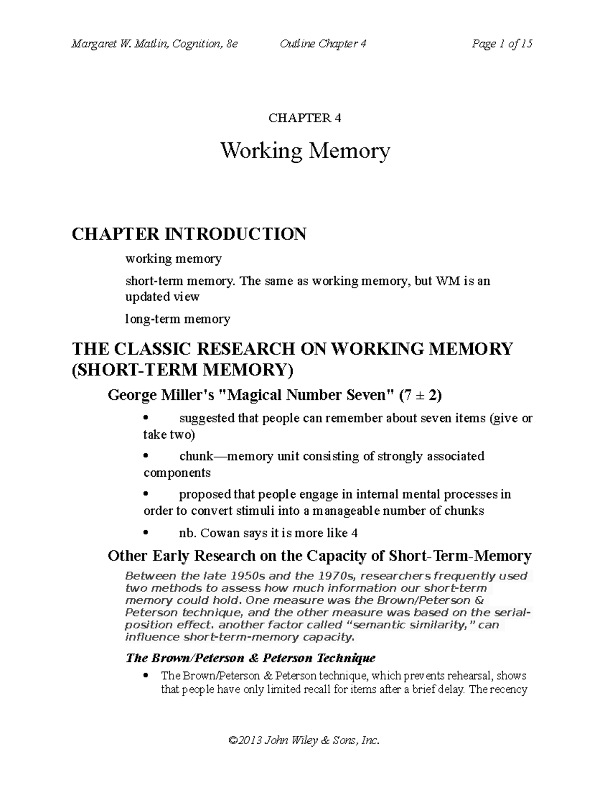 Cognition ch04 Sg - Ch 4 notes - CHAPTER 4 Working Memory CHAPTER ...