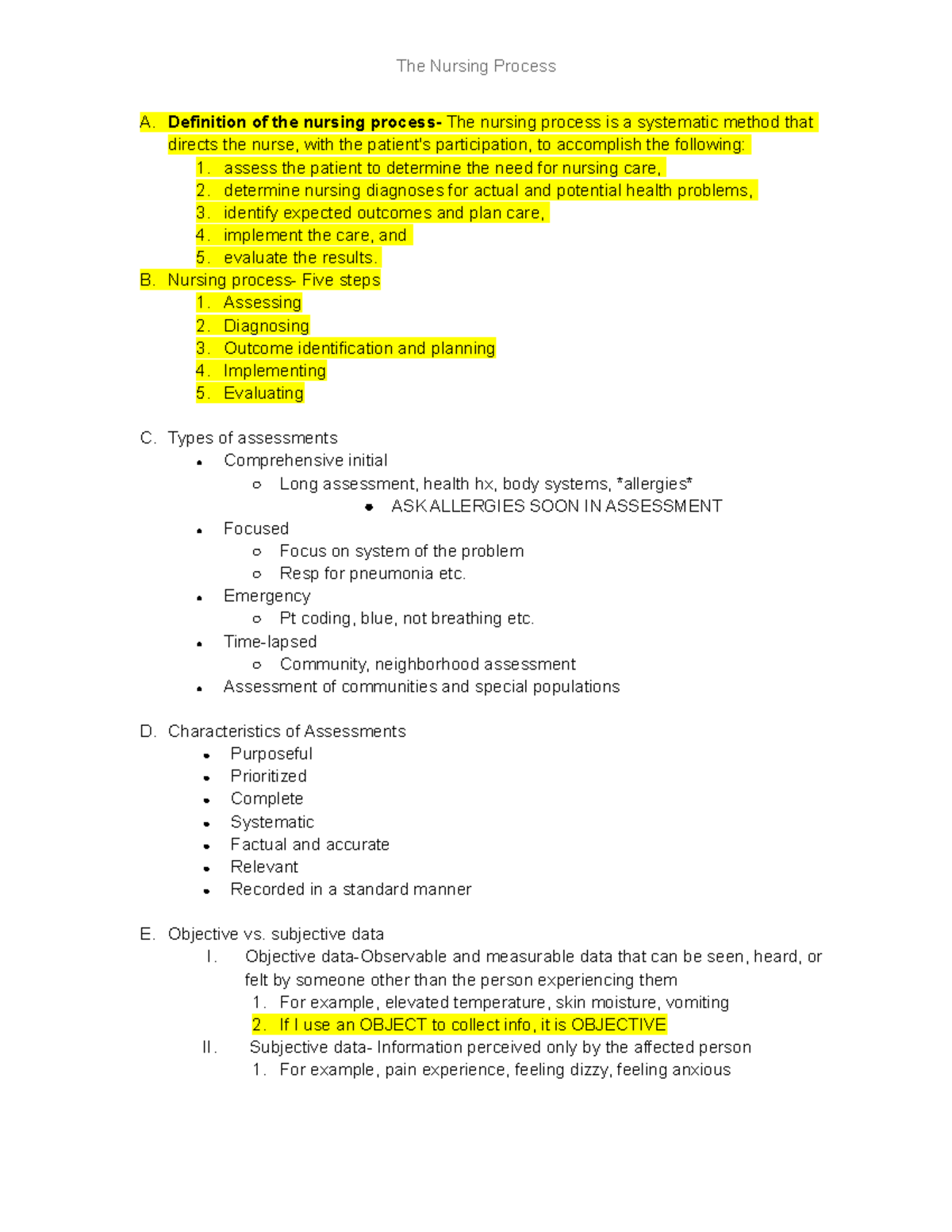 U1 The Nursing Process - Unit 1 lecture notes with highlighted portions ...