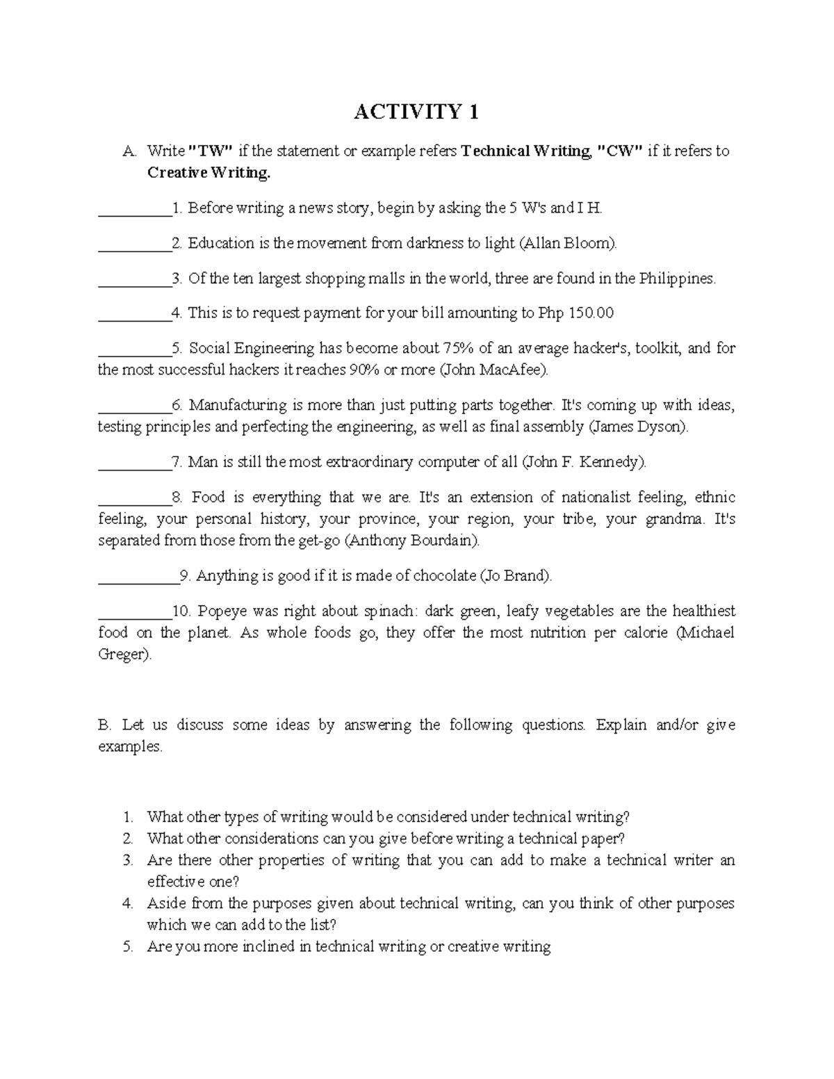Activity TECH Writing - none - ACTIVITY 1 A. Write "TW" if the ...