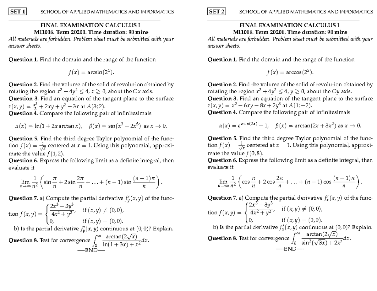 20201 MI1016 Final Question - SET 1 SCHOOL OF APPLIED MATHEMATICS AND ...