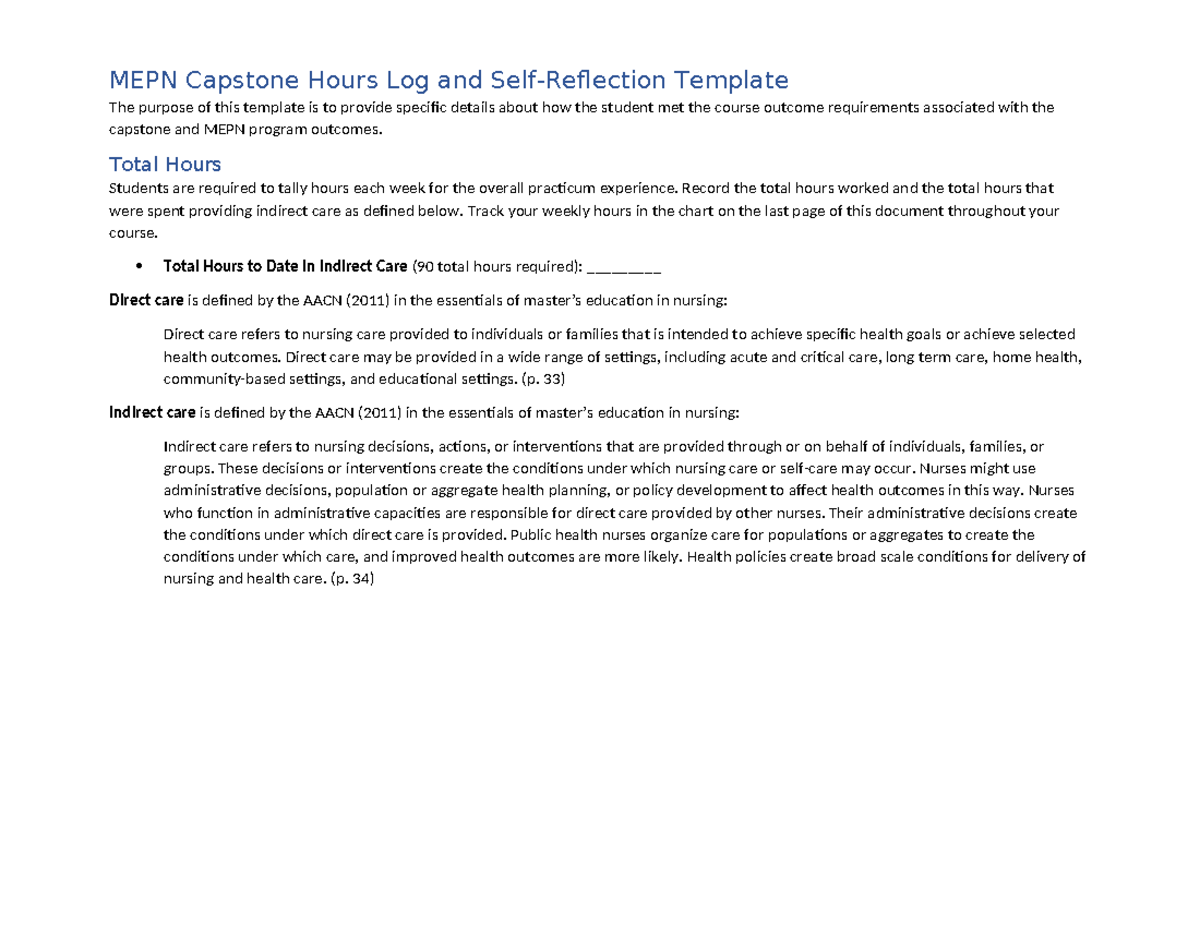 MEPN Practicum Hours Log Journal 90 (4) Example - MEPN Capstone Hours ...