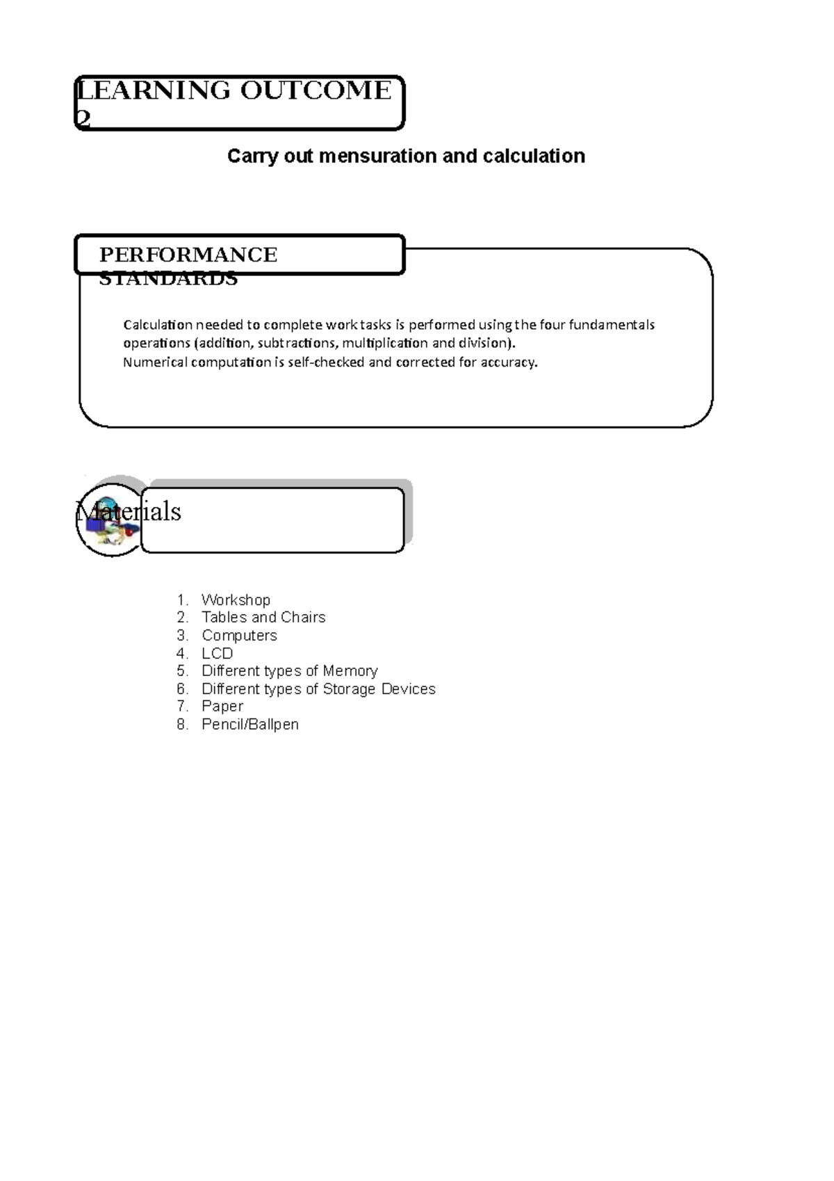 Lesson 2 LO 2 - Learning Outcomes 2 - PERFORMANCE STANDARDS Calculaion ...