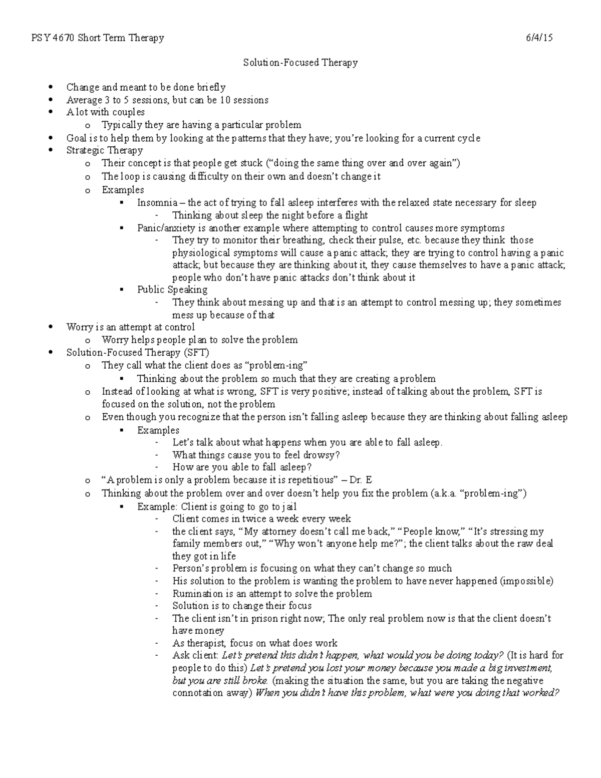 5 SFT therapy notes - PSY 4670 Short Term Therapy 6/4/ Solution-Focused ...