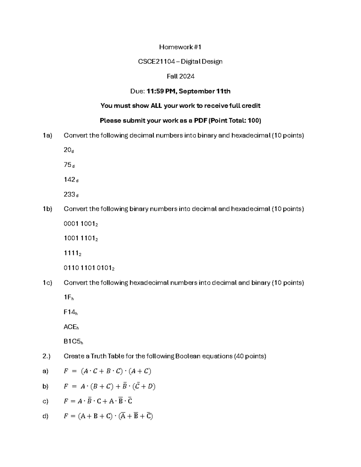 Homework 1 - Digital Design PDF - Homework # CSCE21104 – Digital Design Fall 2024 Due: 11:59 PM ...